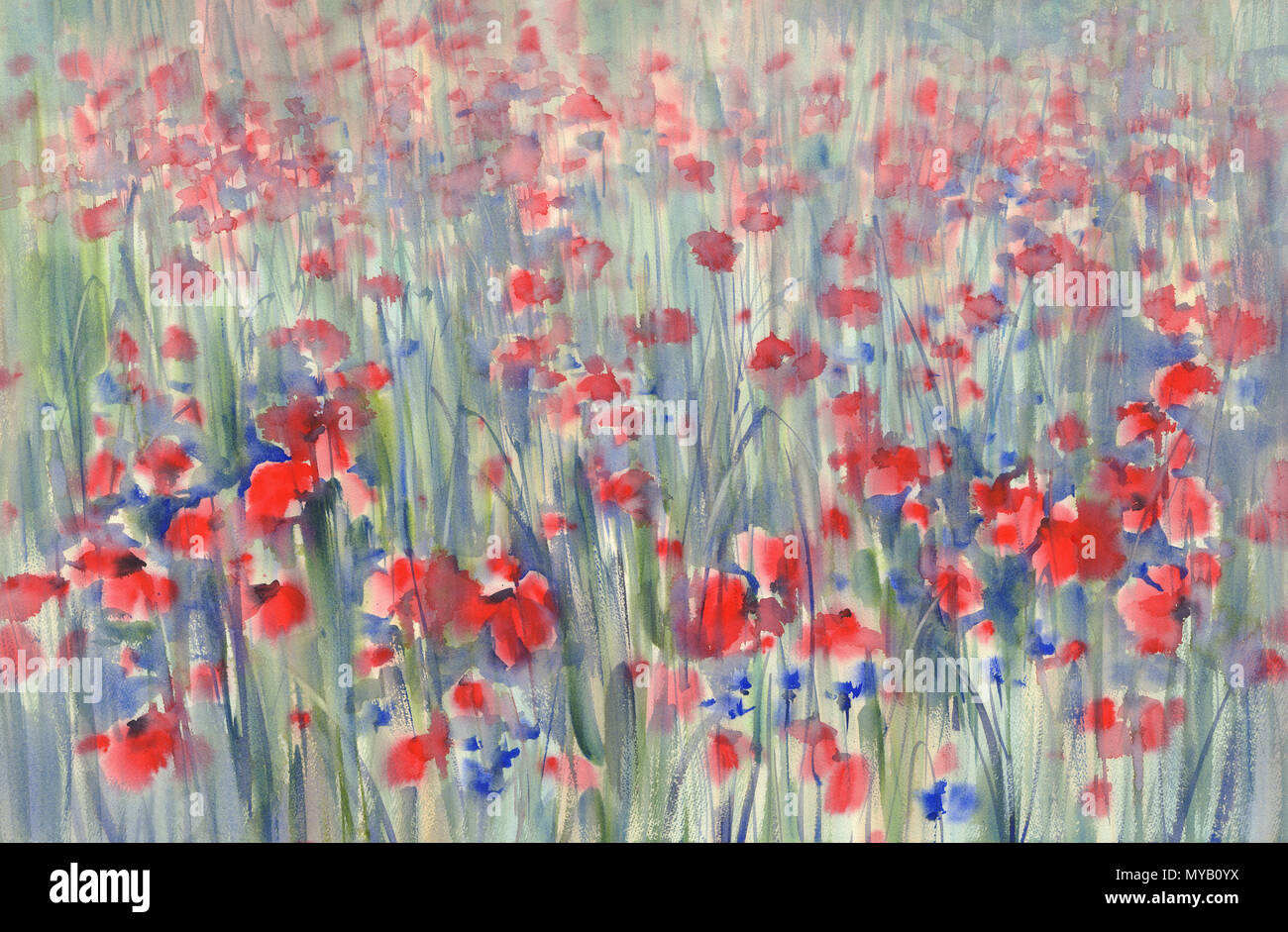 poppy field watercolor background Stock Photo - Alamy