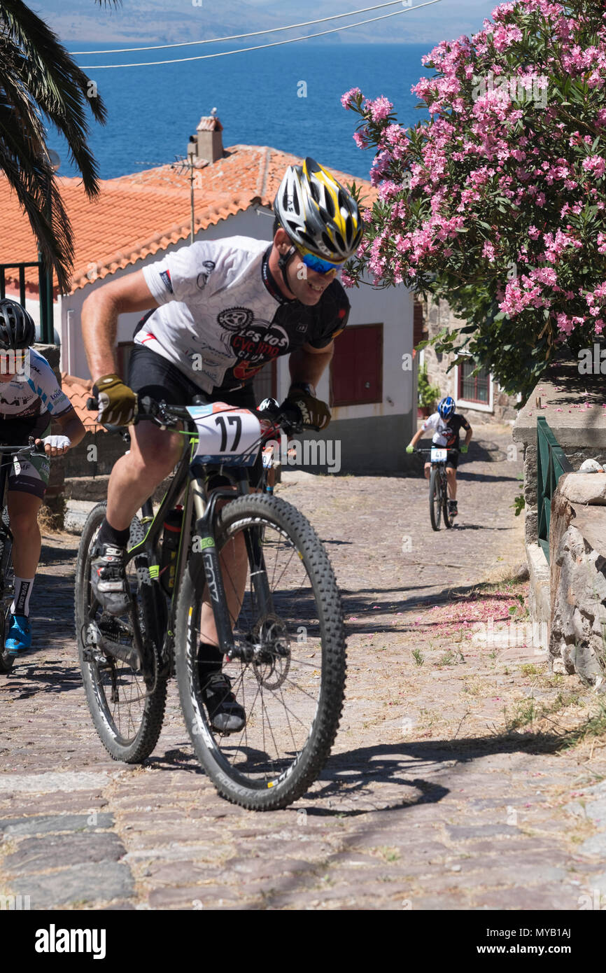 Greek male cyclist competes in an international mountain bike race in ...