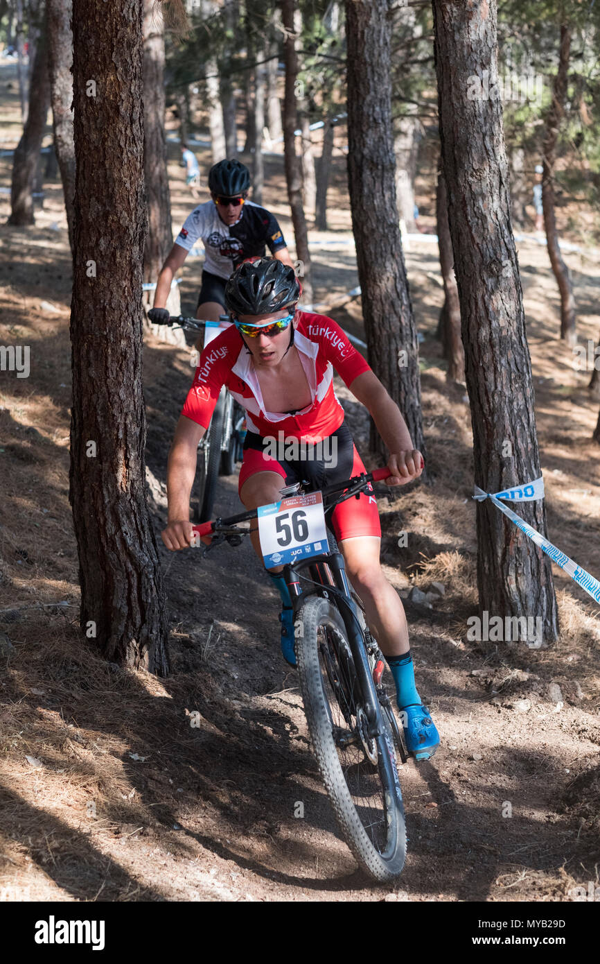 Male and female cyclists compete in an international mountain bike race ...
