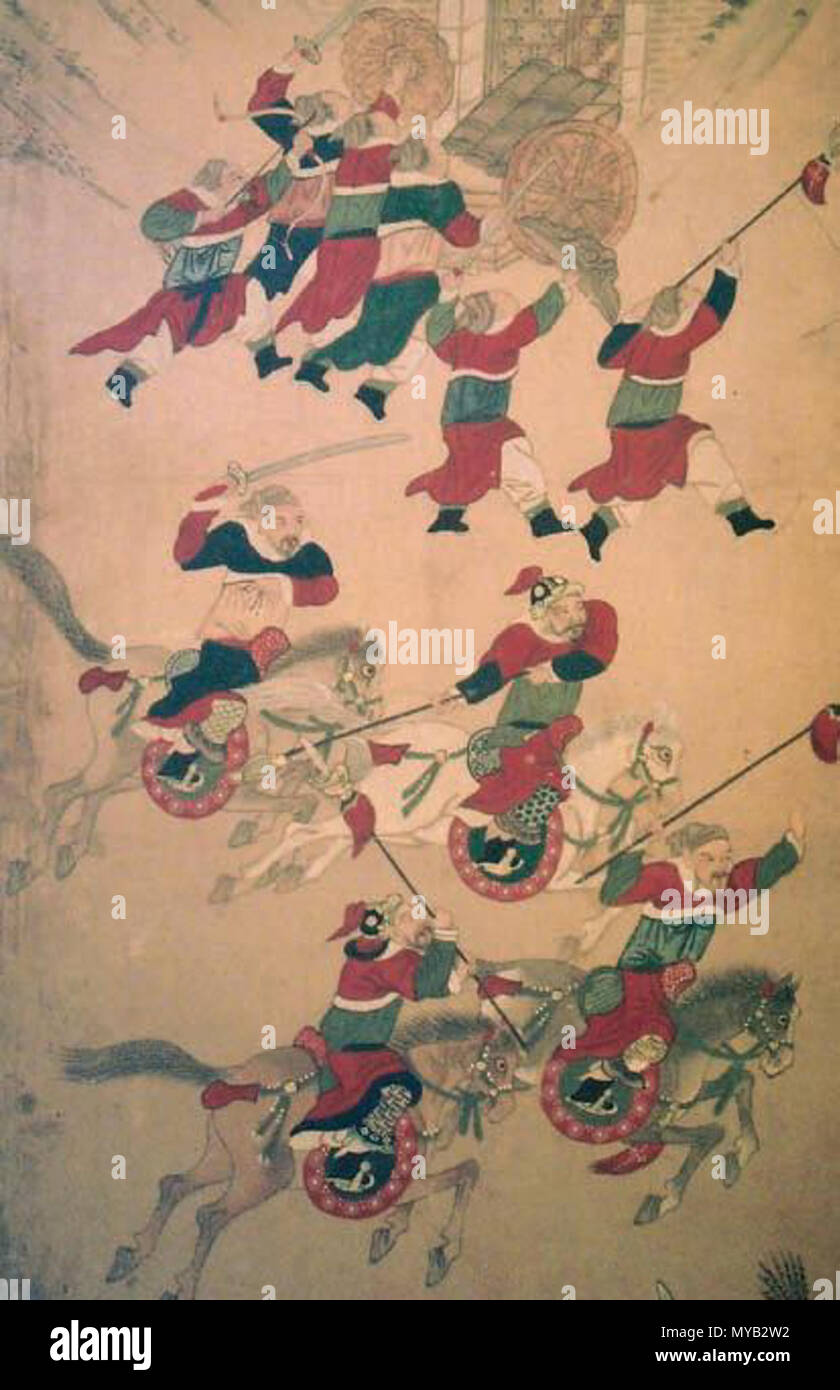 . Chinese cavalry and infantry attacking the walls of Pyongyang in 1593 ...