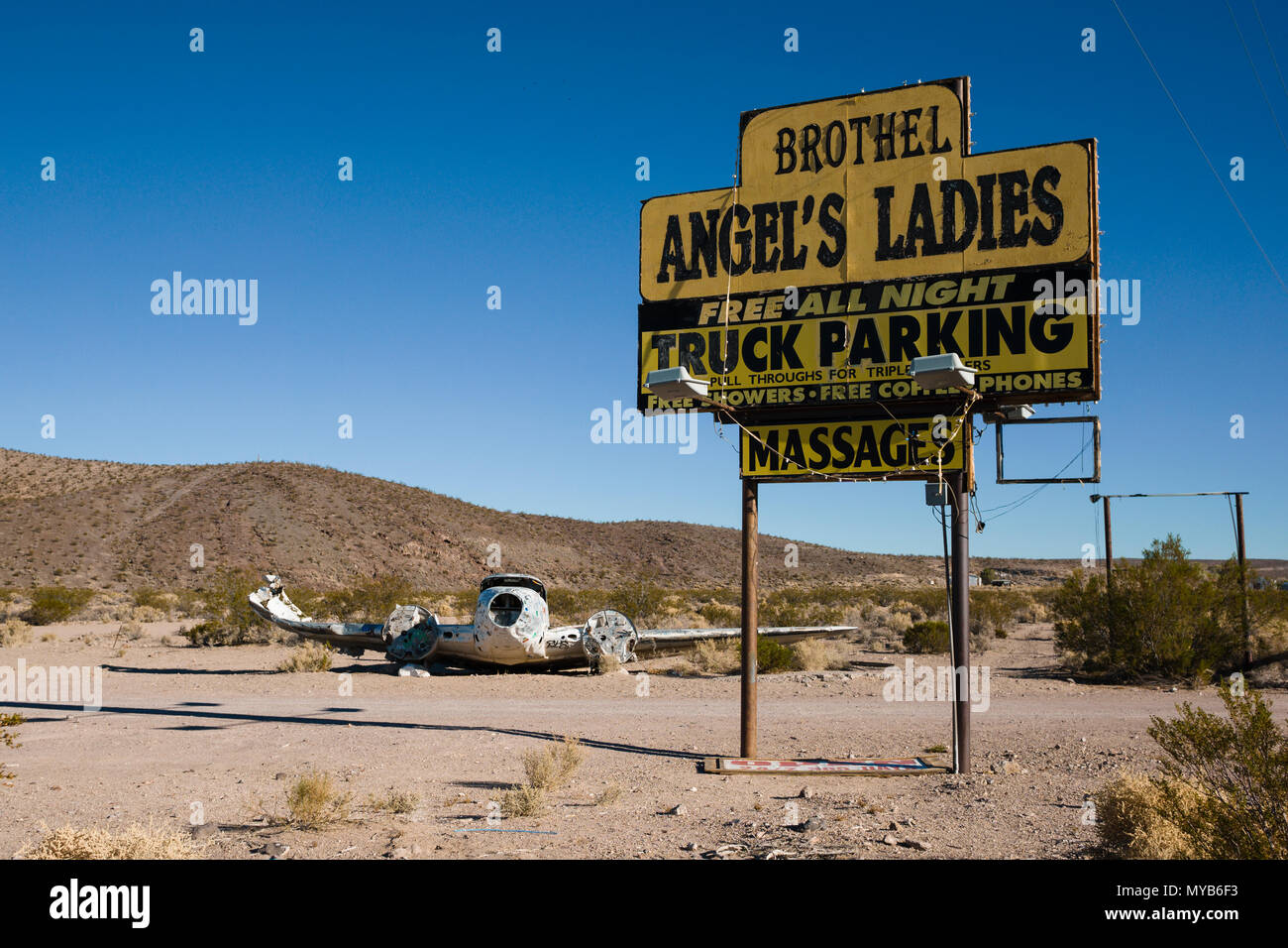 Angel's ladies brothel and crashed plane in the town of Beatty, Nevada, North America Stock ...