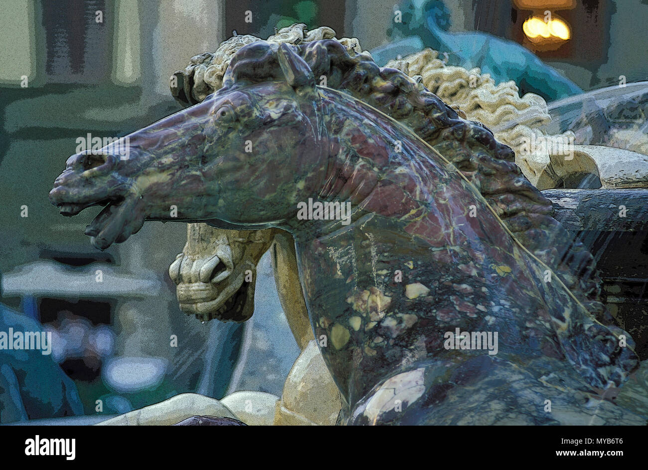 Fountain of Neptune, close side view of the south horse (partially ...