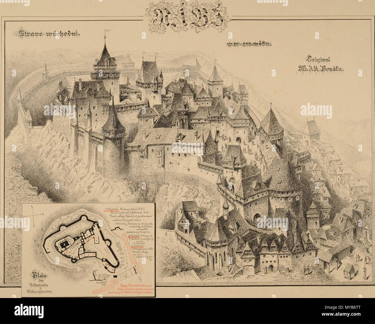 84 Boušek, hrad Rabí z východní strany, vlevo dole situační plán ...