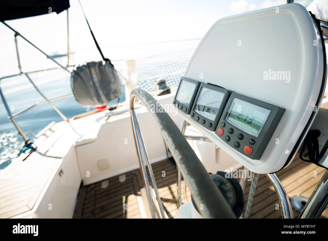 Ship control panel with steering wheel and engine accelerators Stock ...