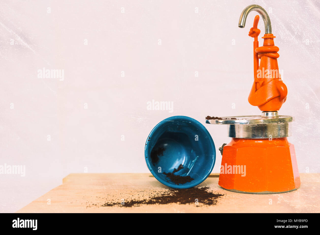 Home still life with some simple object: a coffeepot and a coffee cup ...