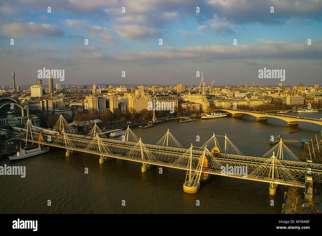 2007 London skyline from London Eye at sunset. Hungerford Bridge ...