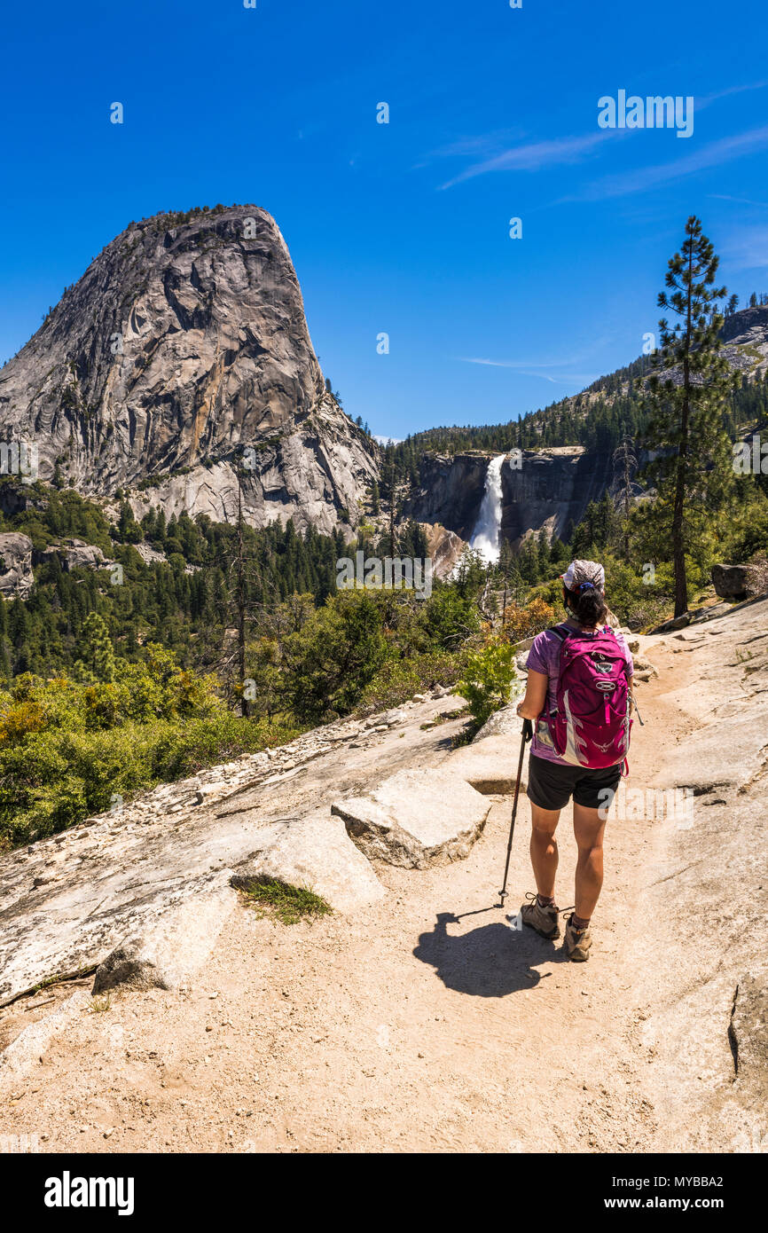 Hiker on the John Muir Trail below Nevada Fall, Yosemite National Park ...
