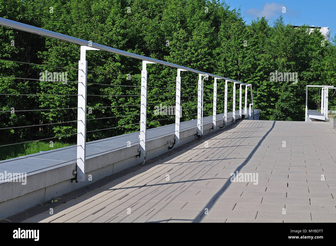 railing at a terrace constructed with steel posts and wire ropes Stock ...