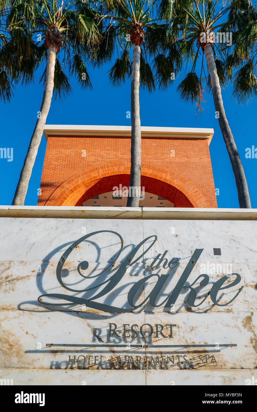 Entrance sign to the luxury hotel of Lake Resort in Portugal's Algarve ...