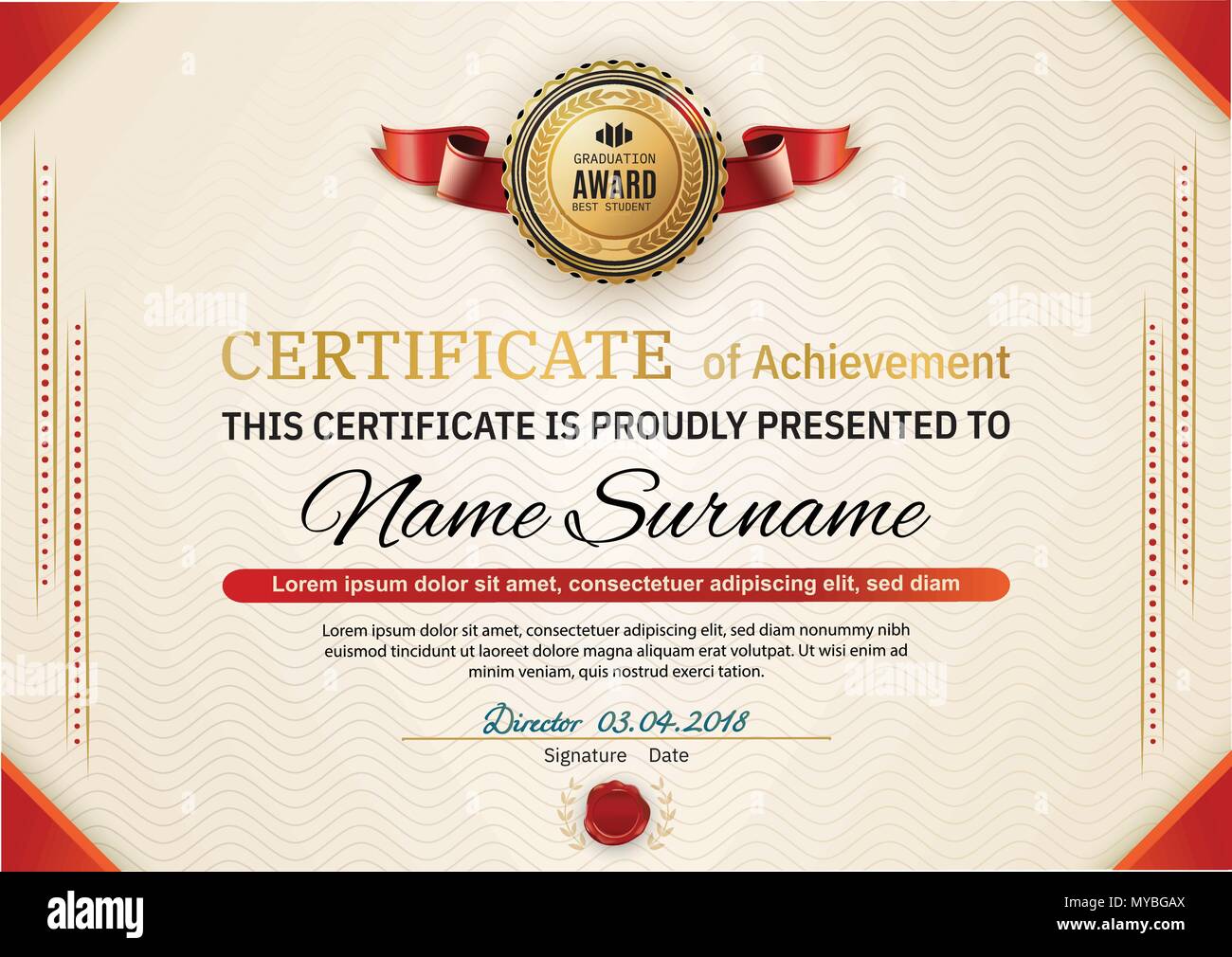 Official certificate with red gold design elements. Red ribbon and gold ...