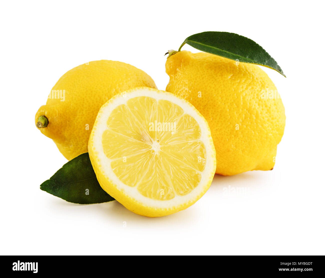 Fresh lemons with cut and green leaves isolated on white background ...