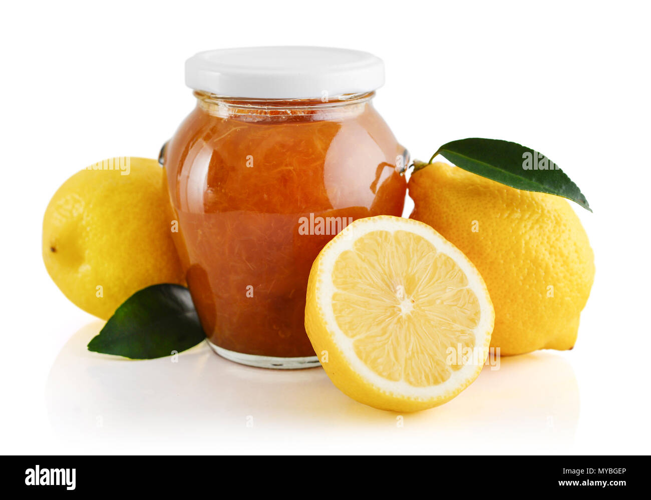 Lemon jam jar with fresh lemons isolated on white background with ...
