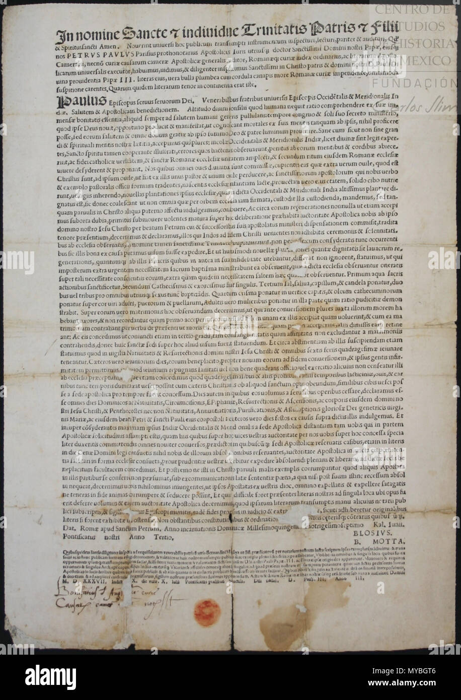 . Español: Bula del Papa Paulo III, Defensa de los indígenas. 1755 ...