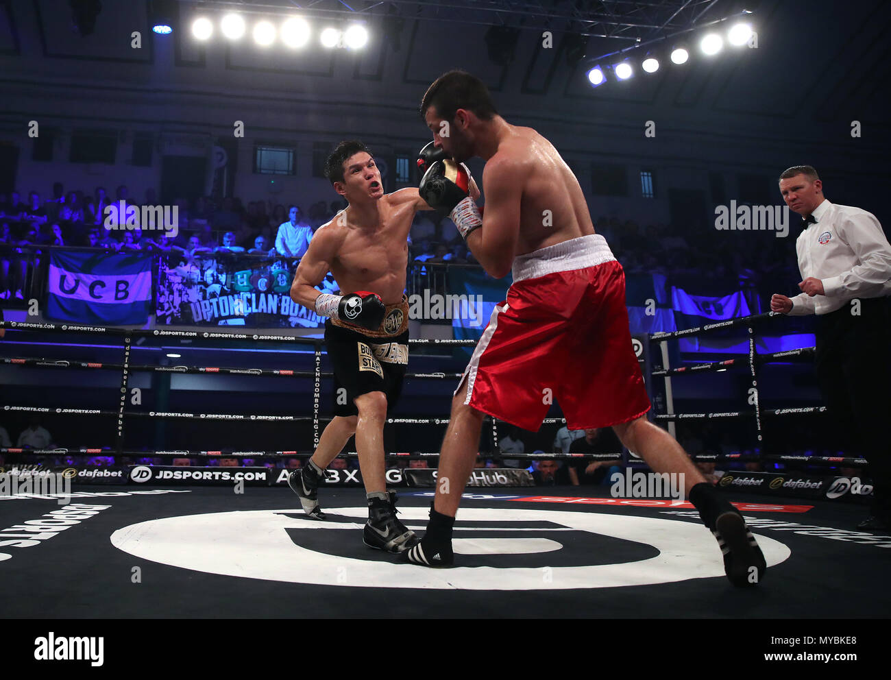 Daniyar Yeleussinov and Zoltan Szabo during the Super-Welterweight bout ...