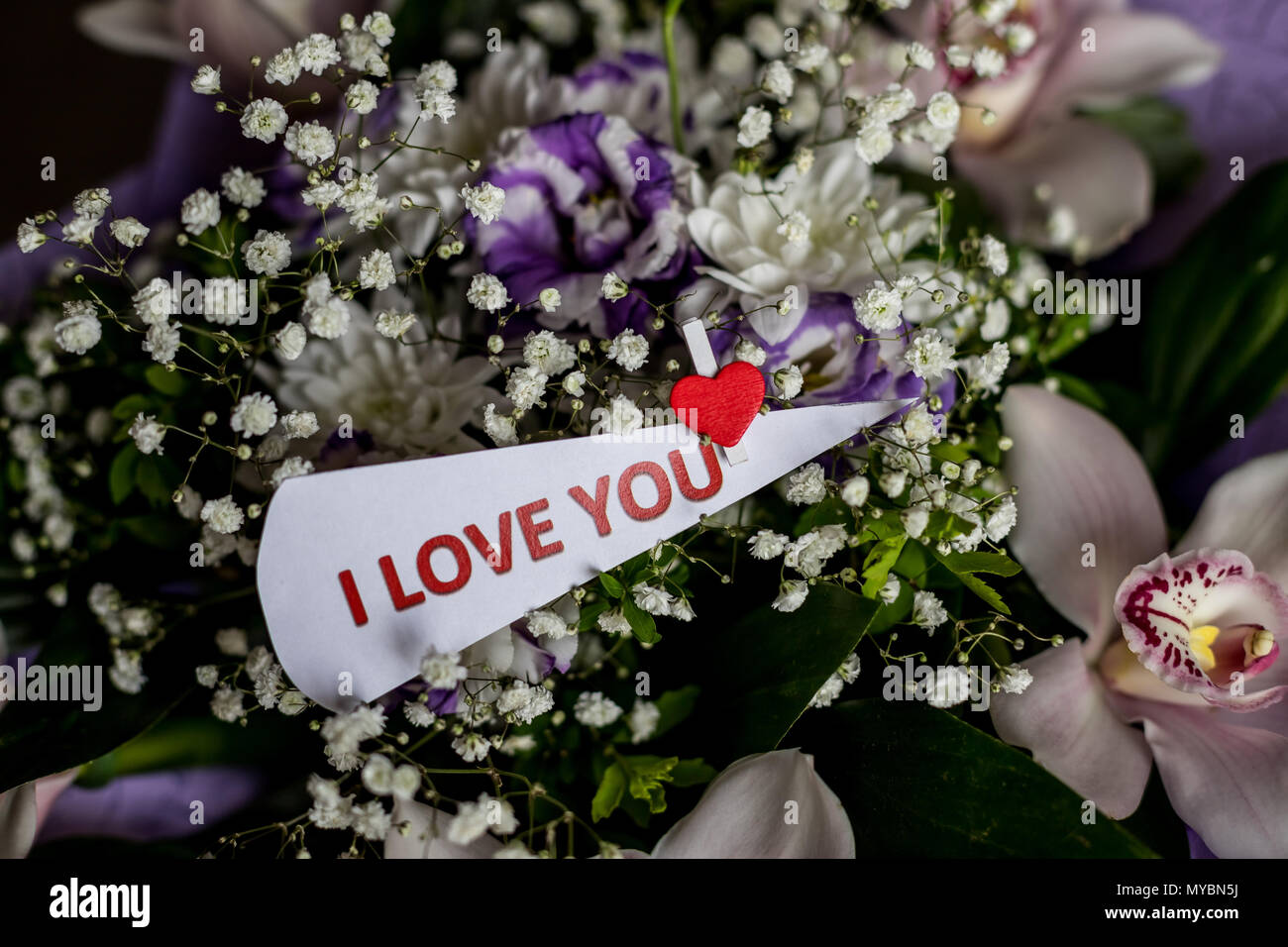 Flower composition for greeting card. I love you text.Phalaenopsis with ...