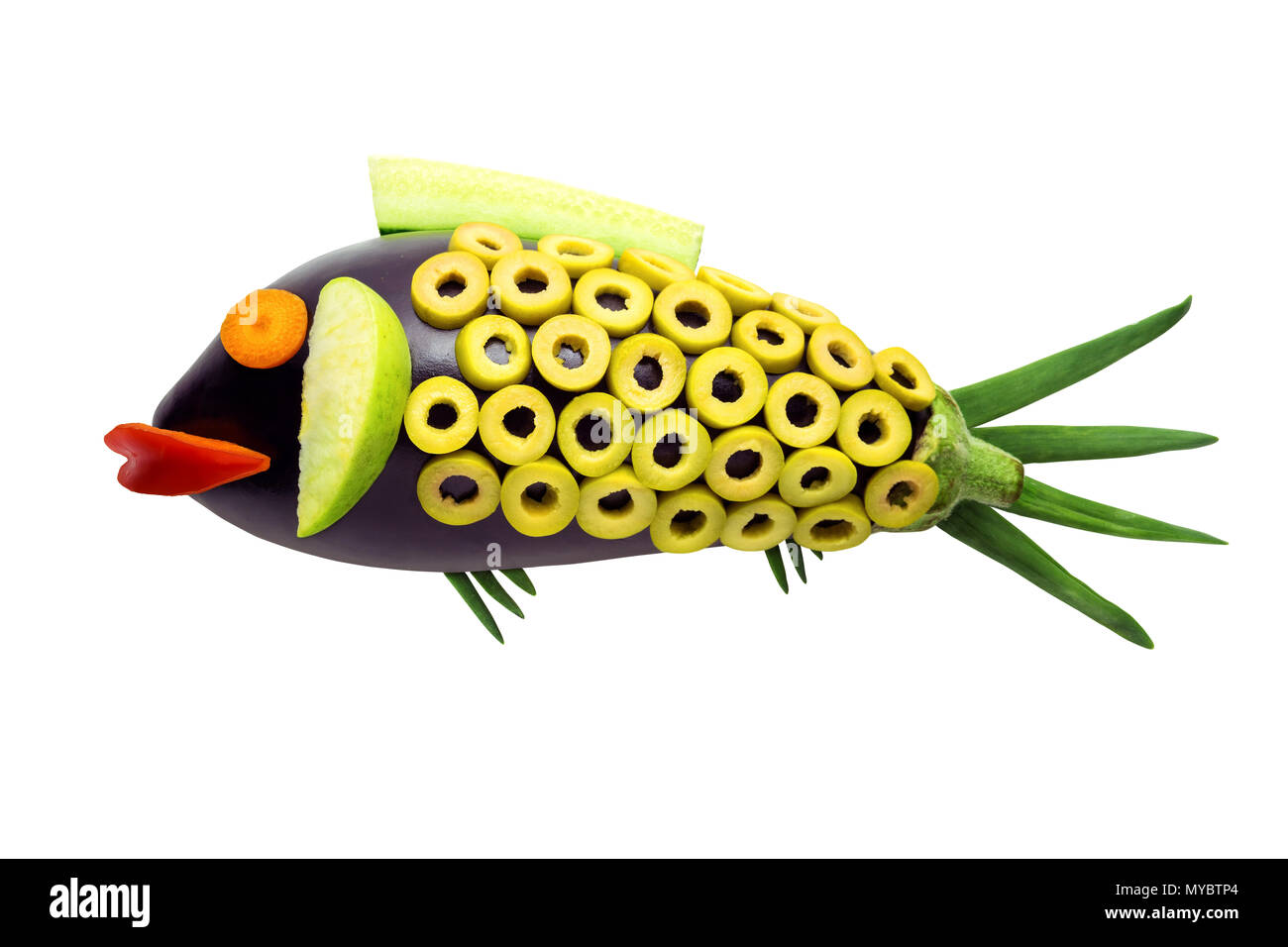 Creative concept photo of fish made of fruits and vegetables on white ...