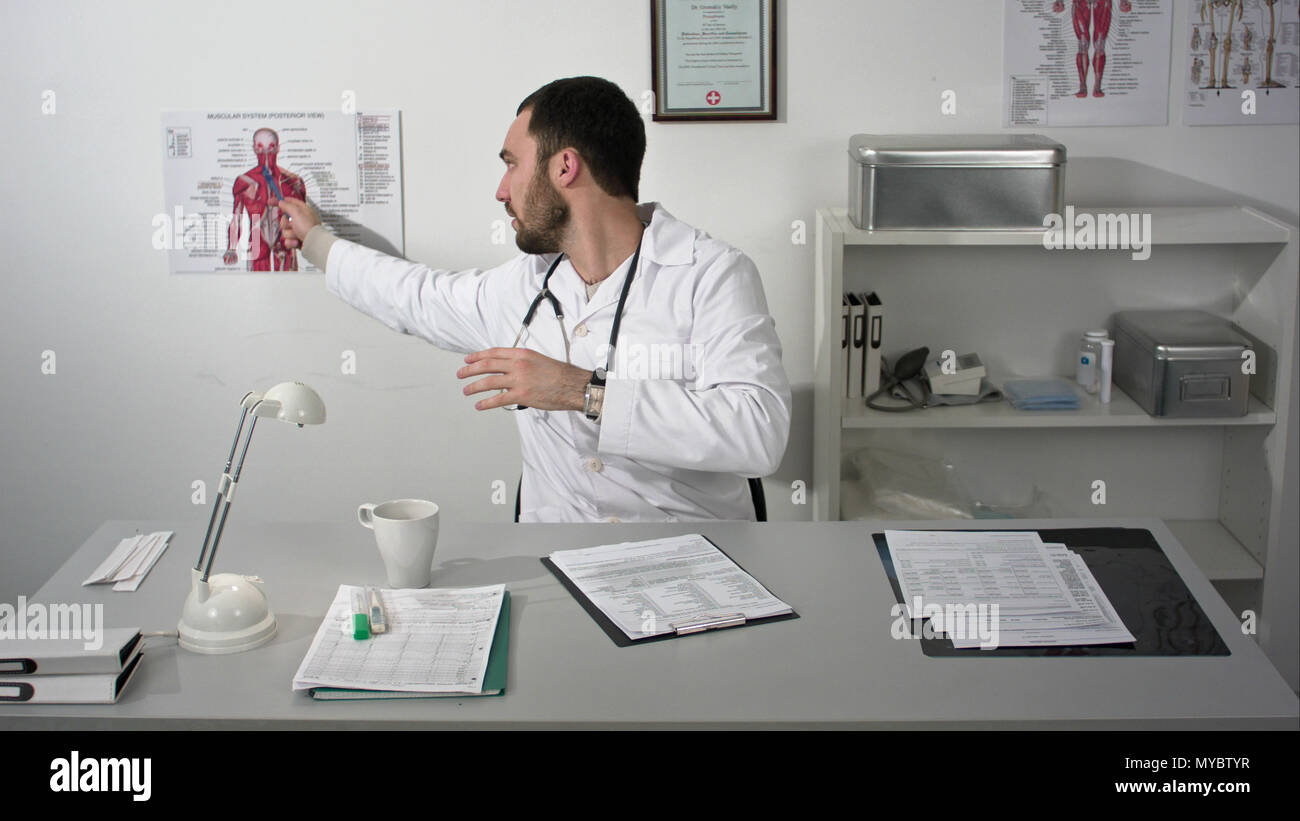 Doctor explaining about neck muscles in medical office Stock Photo - Alamy