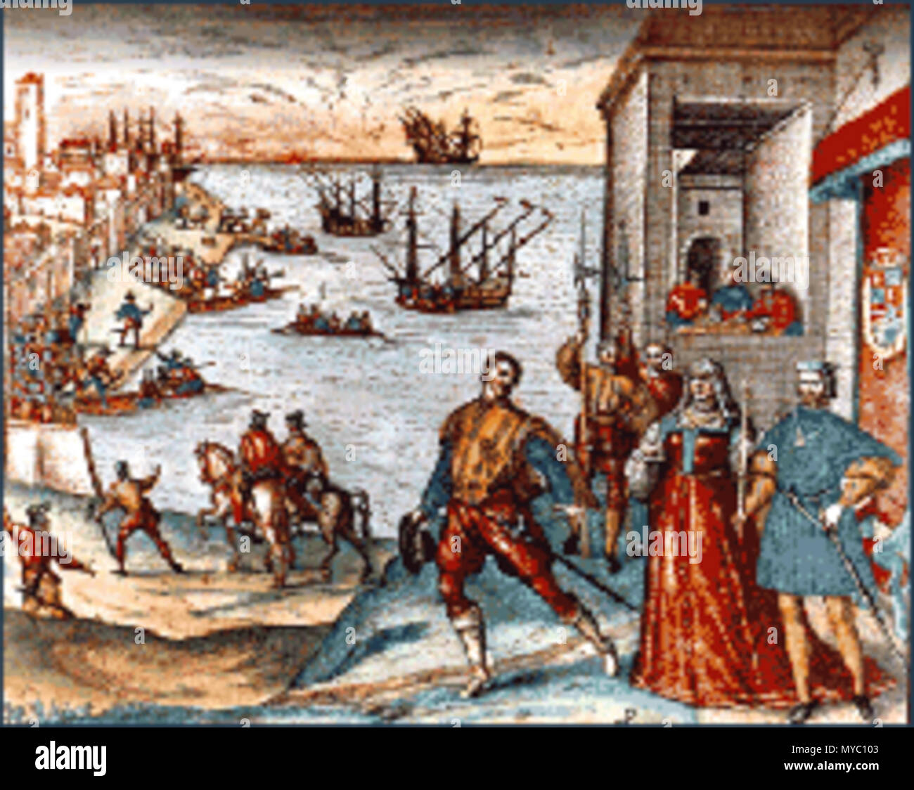 . English: Columbus departing on a voyage. Colored engraving 16th ...