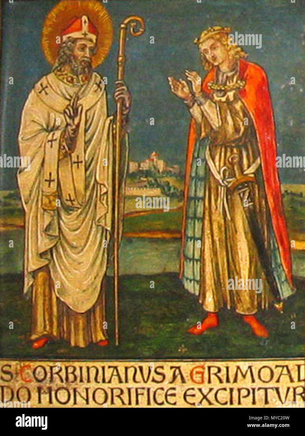 . Depiction of St. Corbinian with Grimoaldo. From a panel in the crypt ...