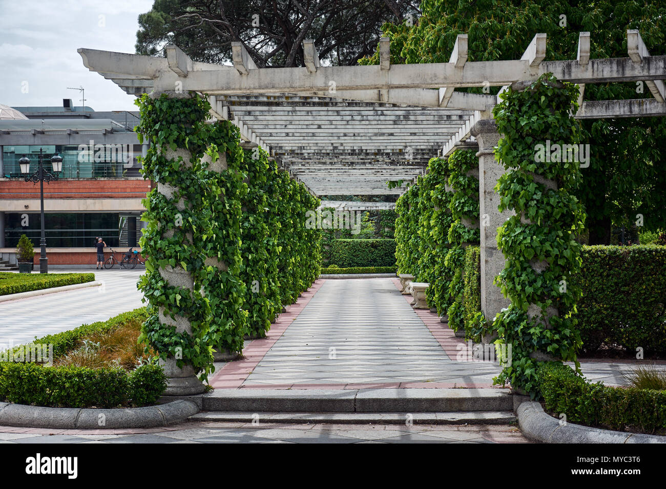MADRID, SPAIN - APRIL 23, 2018: Beautiful old pergola in the Gardens of ...