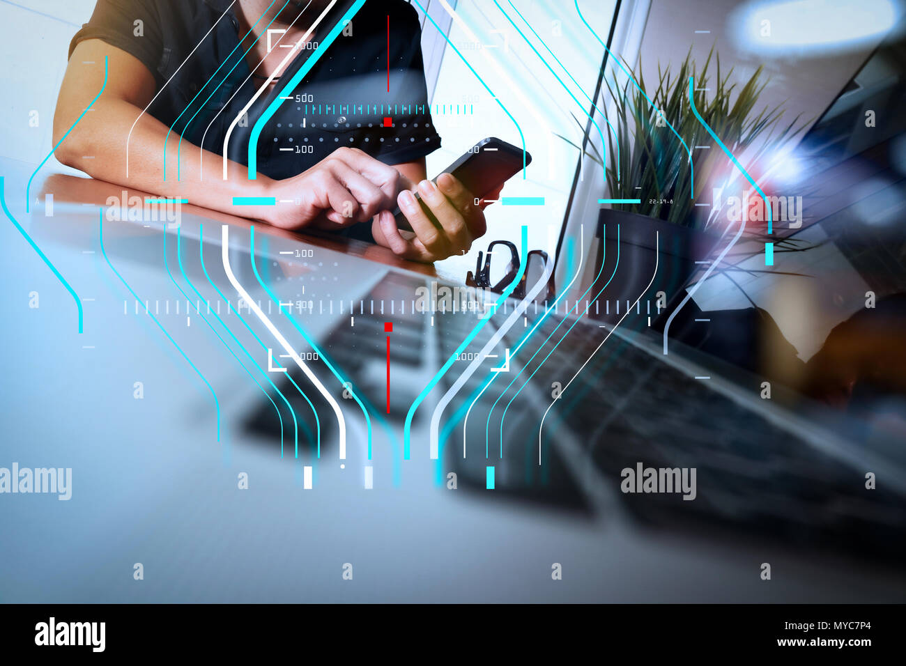 Business data analytics process management diagram.businessman hand ...