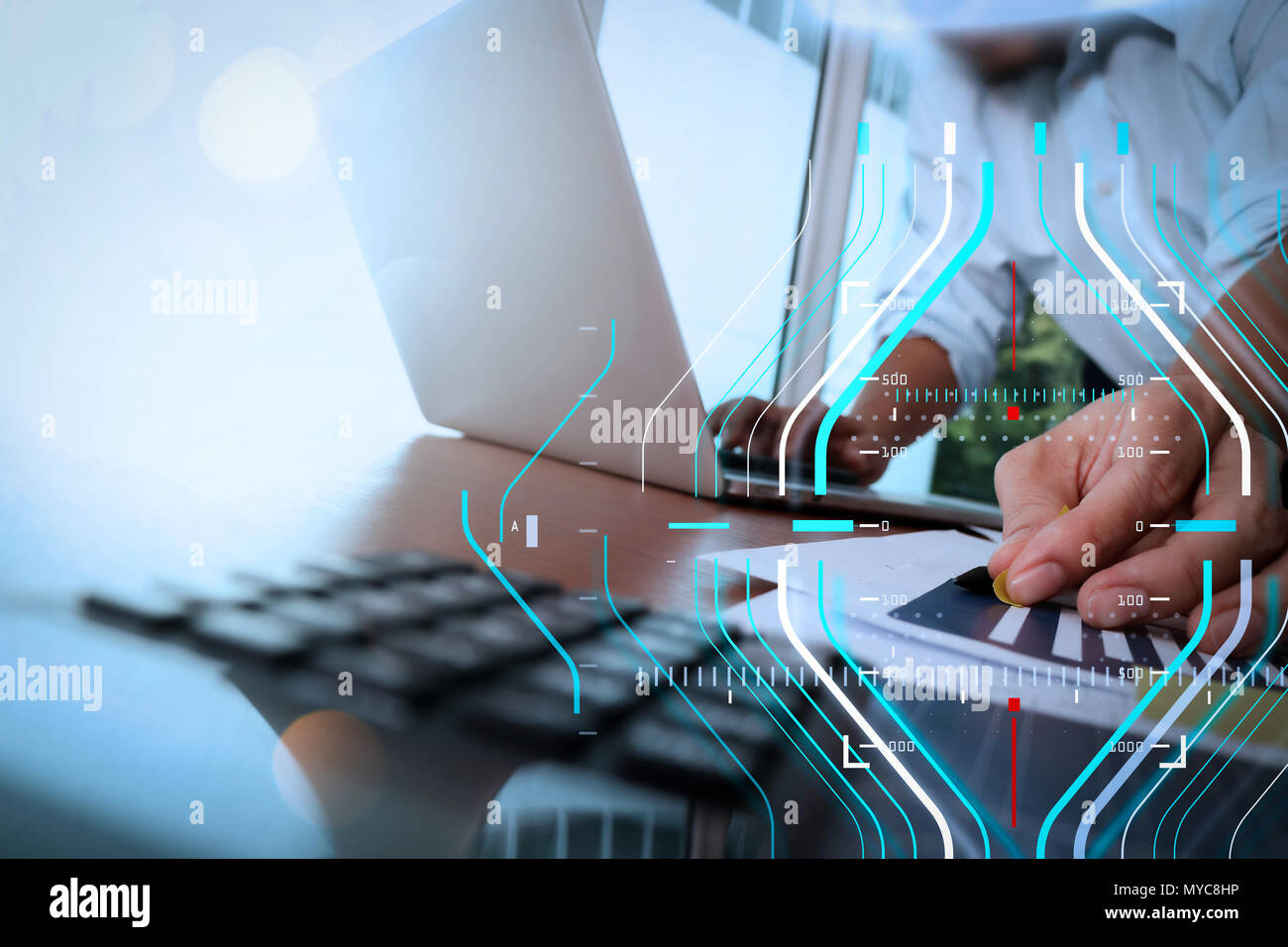 Business data analytics process management diagram.businessman hand ...