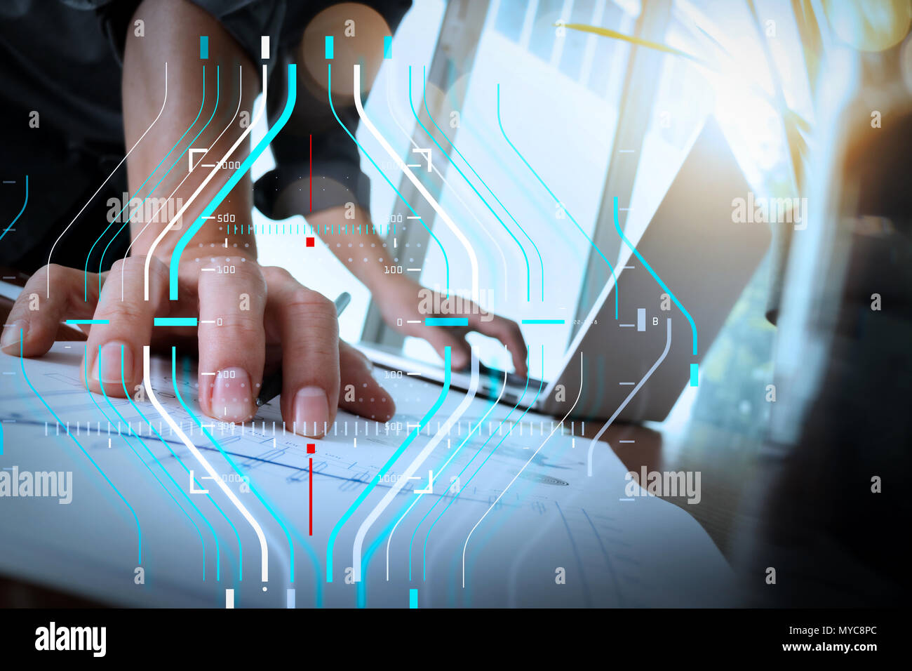 Business data analytics process management diagram.businessman hand ...