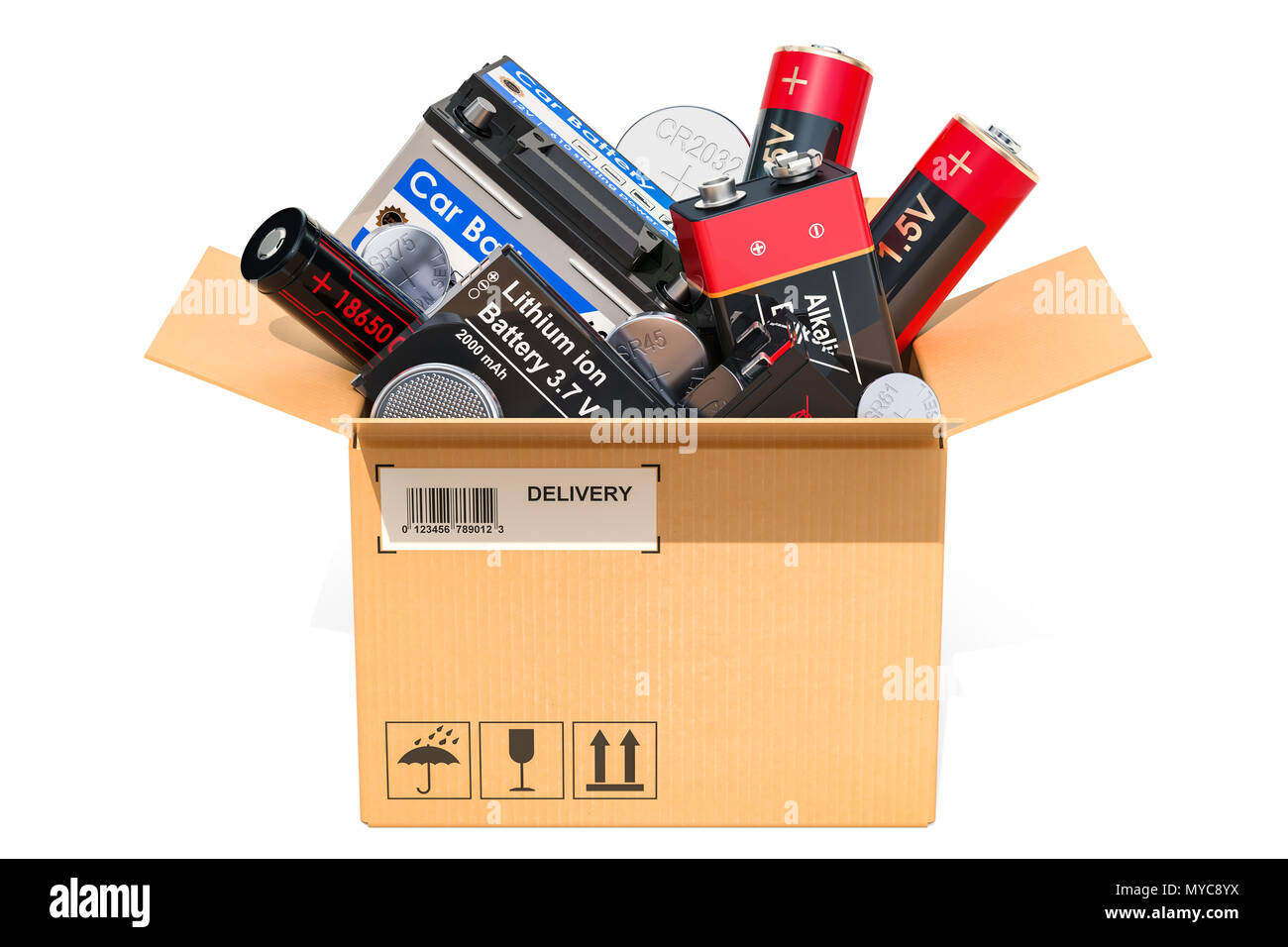Cardboard box, parcel with different batteries. 3D rendering isolated ...
