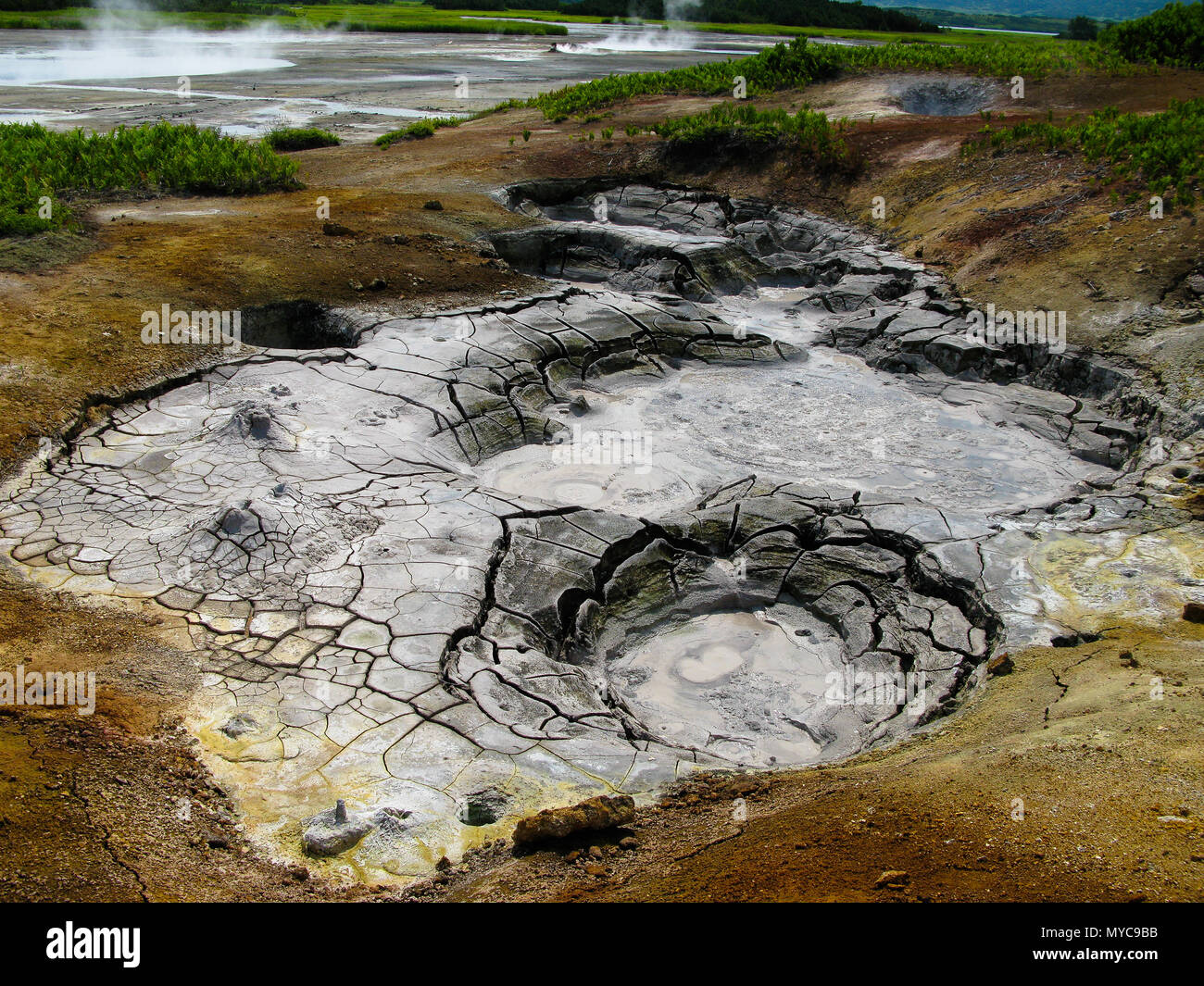 view to mud volcanos inside Caldera of Uzon Volcano at Kamchatka ...