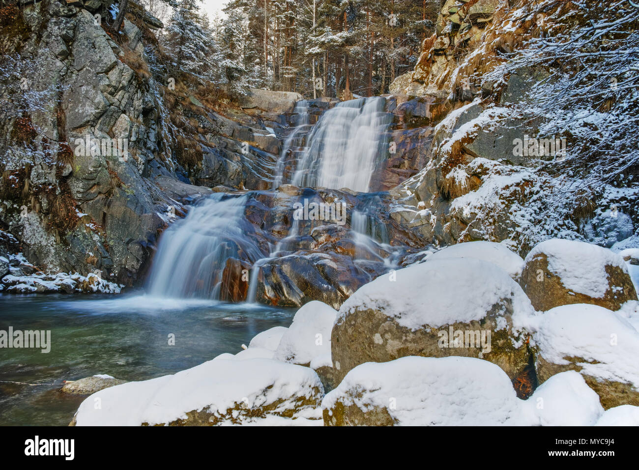 Winter view of Popina Luka waterfall near town of Sandanski, Pirin ...