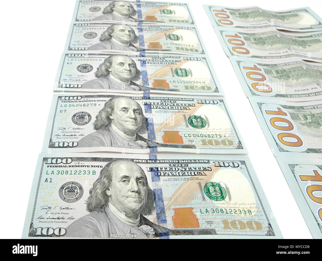 Large surface covered with US cash notes.High angle view of US hundred ...