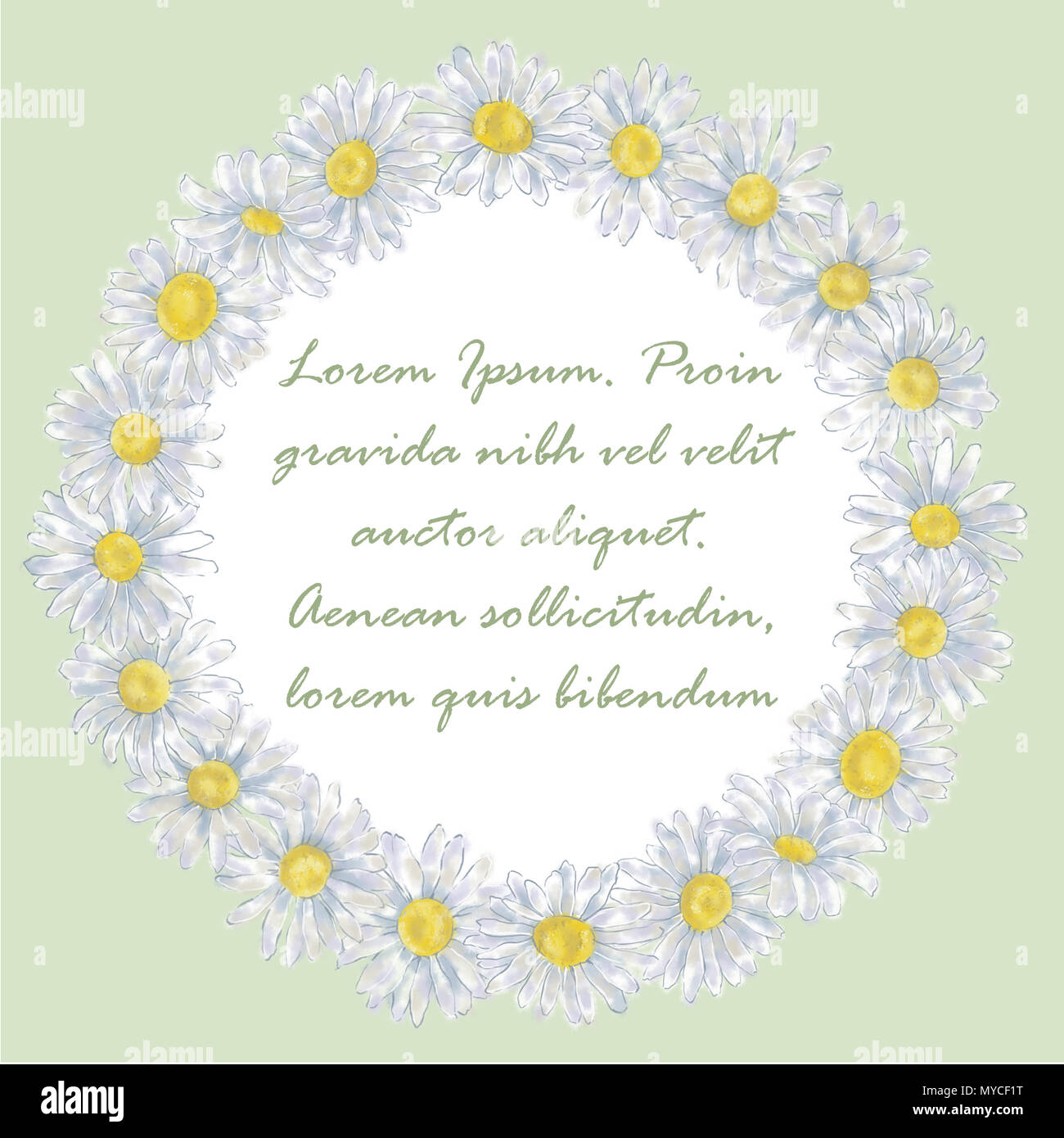 Daisy Round Frame on Green Background with Text Copy Space. Watercolor ...