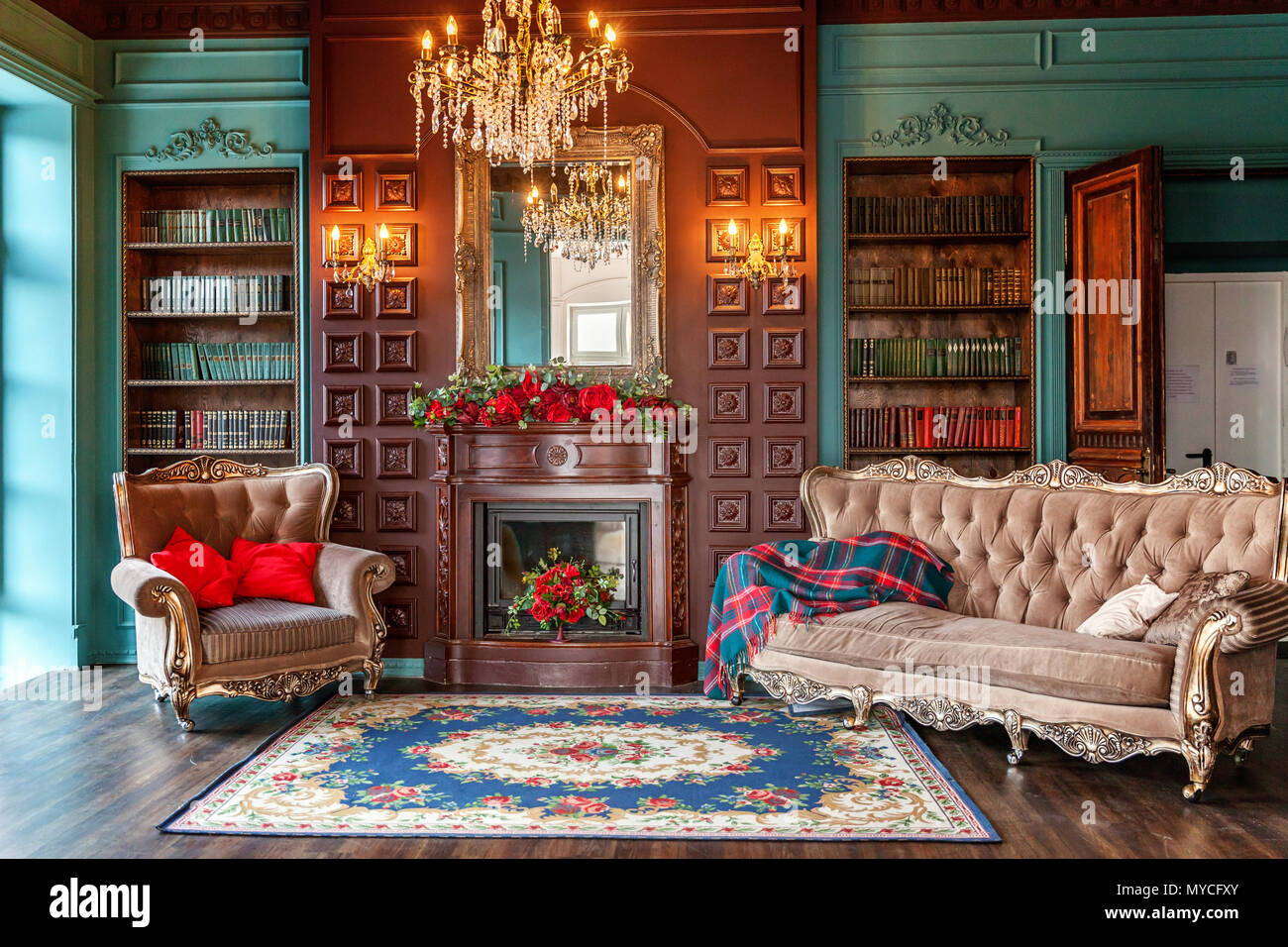 Luxury classic interior of home library. Sitting room with bookshelf ...