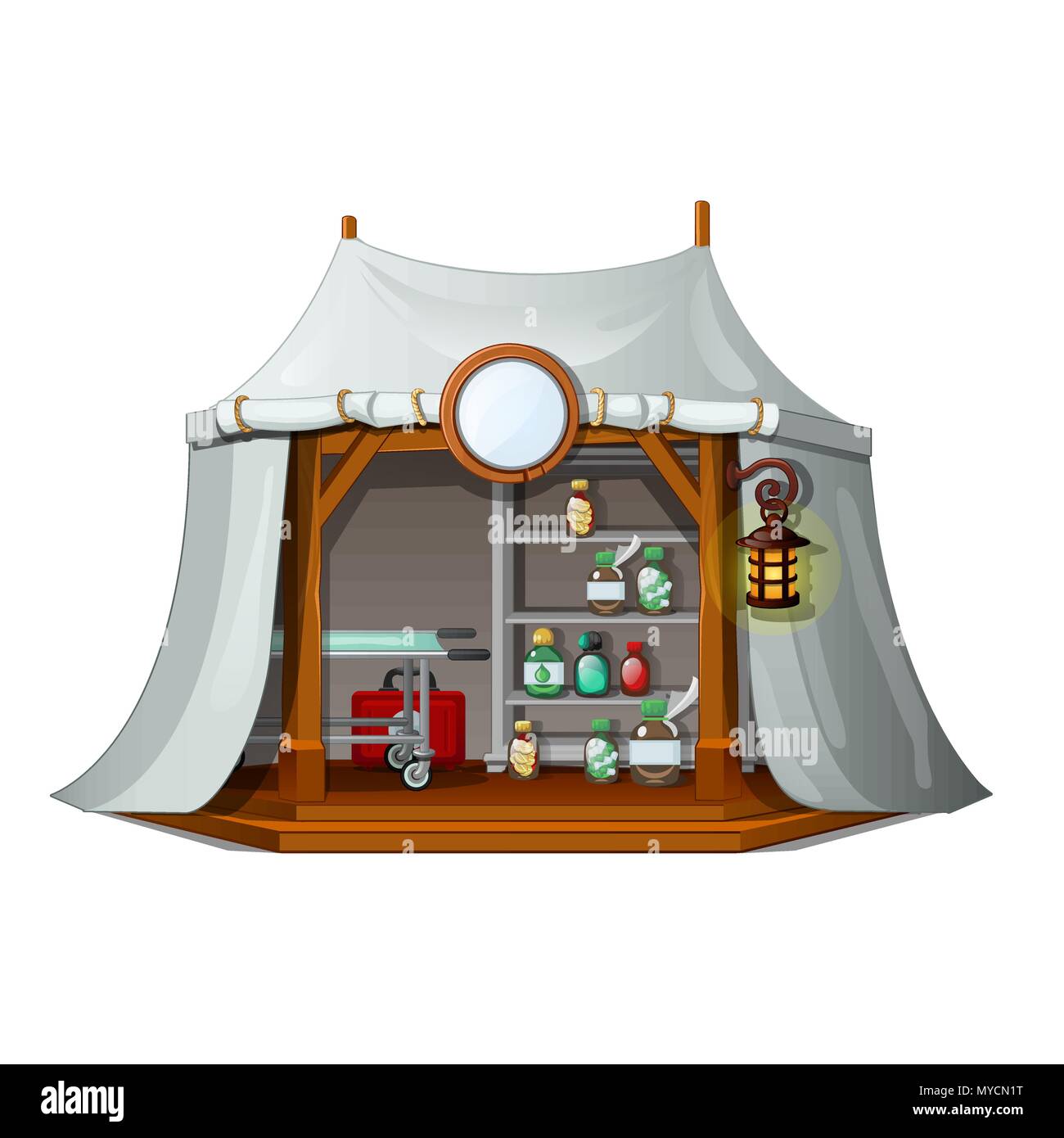 Mobile tent with drugs and first aid medicines isolated on a white ...