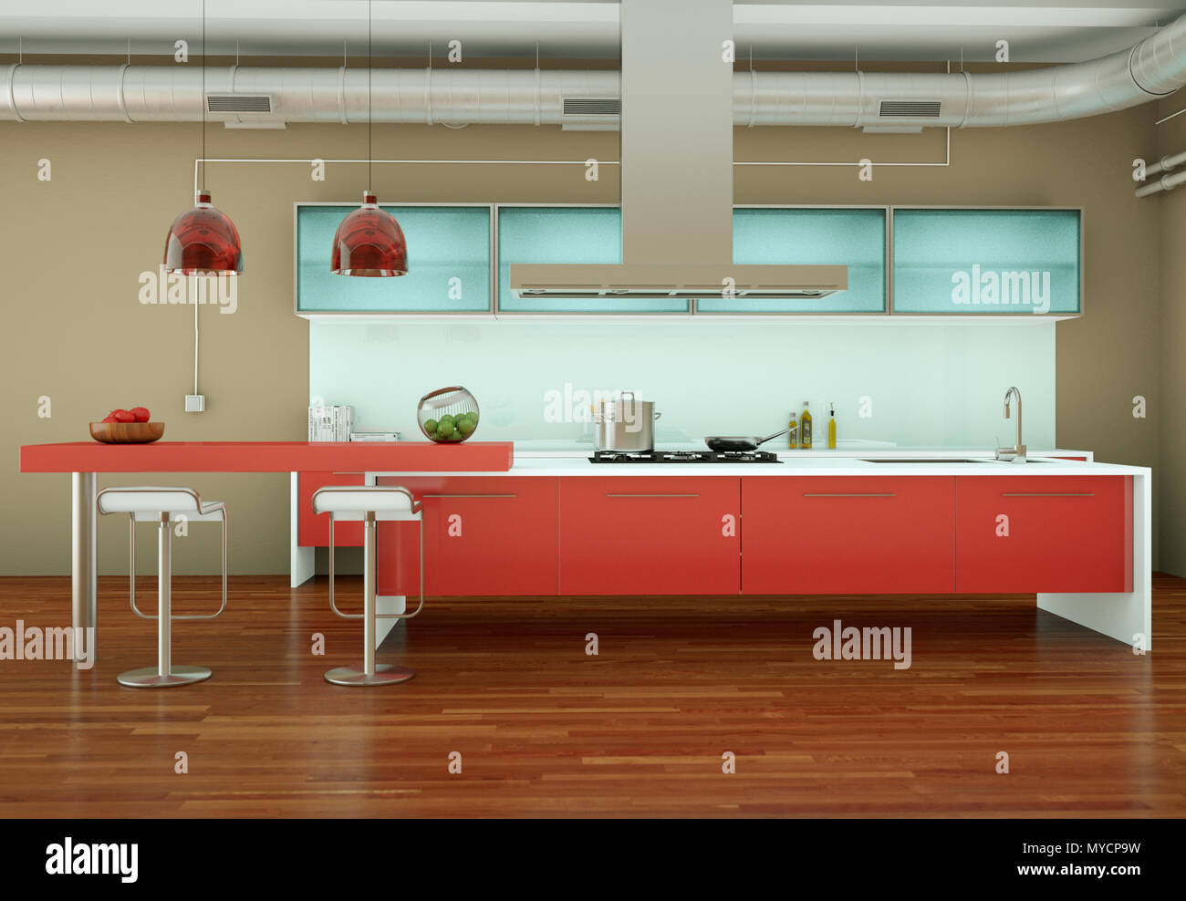 Red modern kitchen in a house with a beautiful design Stock Photo - Alamy