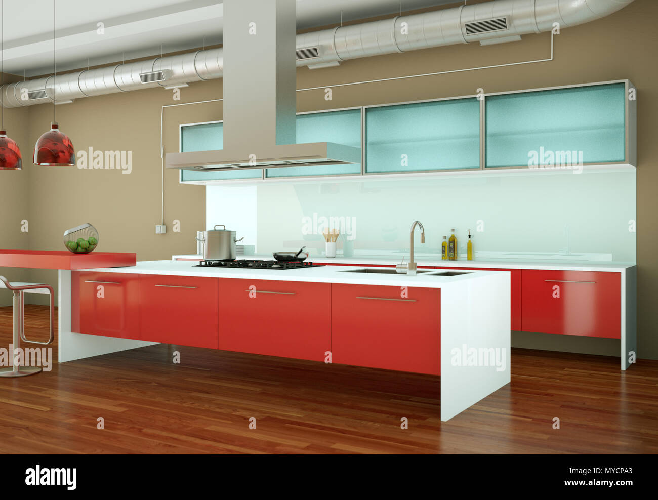 Red modern kitchen in a house with a beautiful design Stock Photo - Alamy