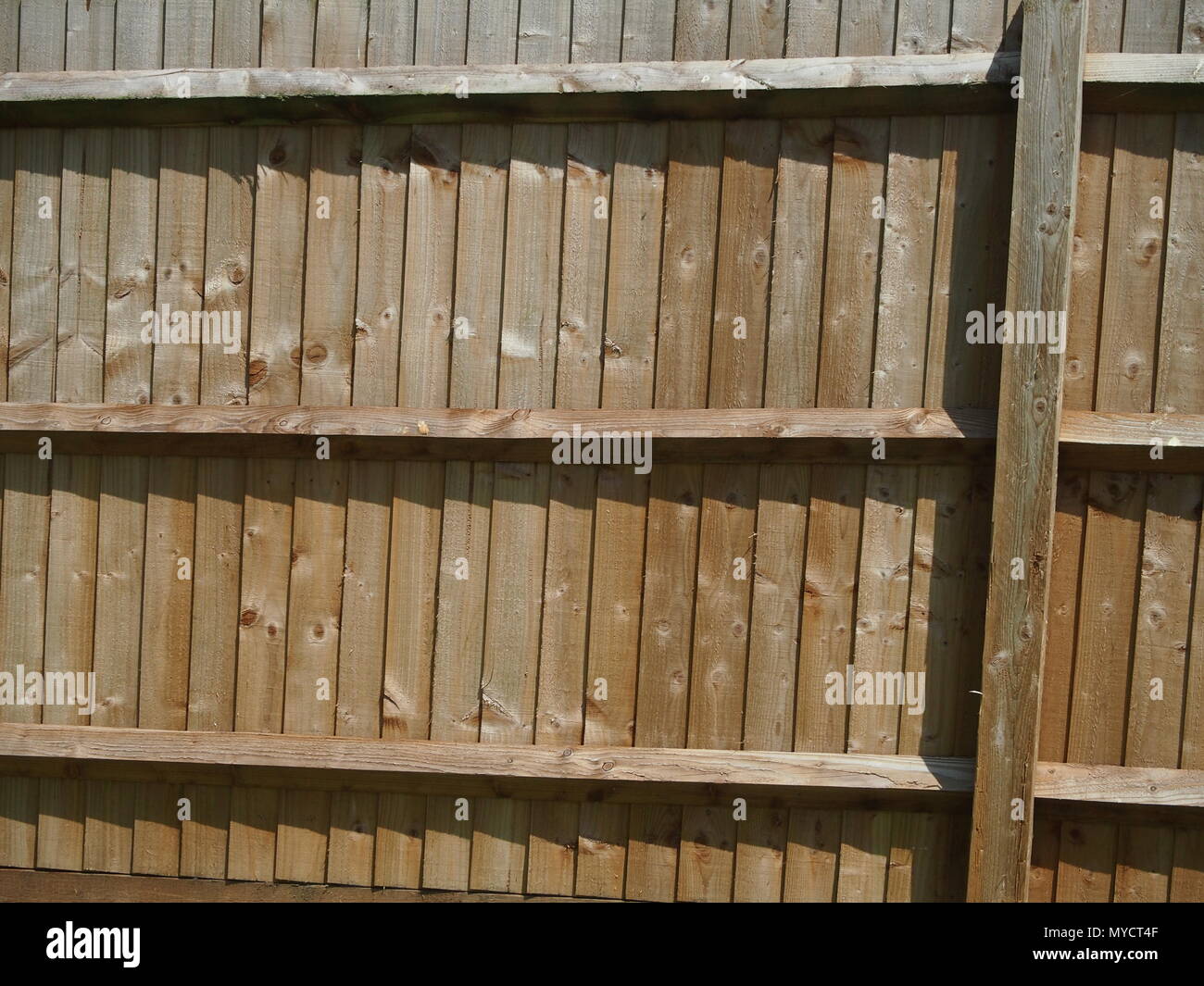 Back view of close boarded fence showing Arris rails and fencepost ...