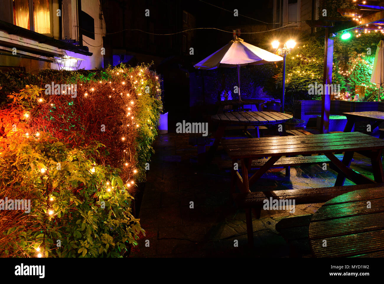 The illuminated beer garden at the Village Inn, Old Village, Shanklin ...