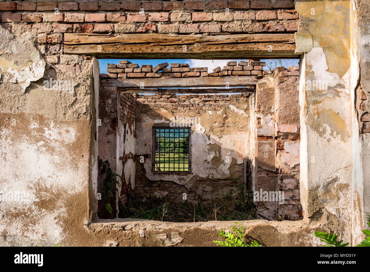 Abstract frames windows and interior, ruins of an abandoned ruined ...