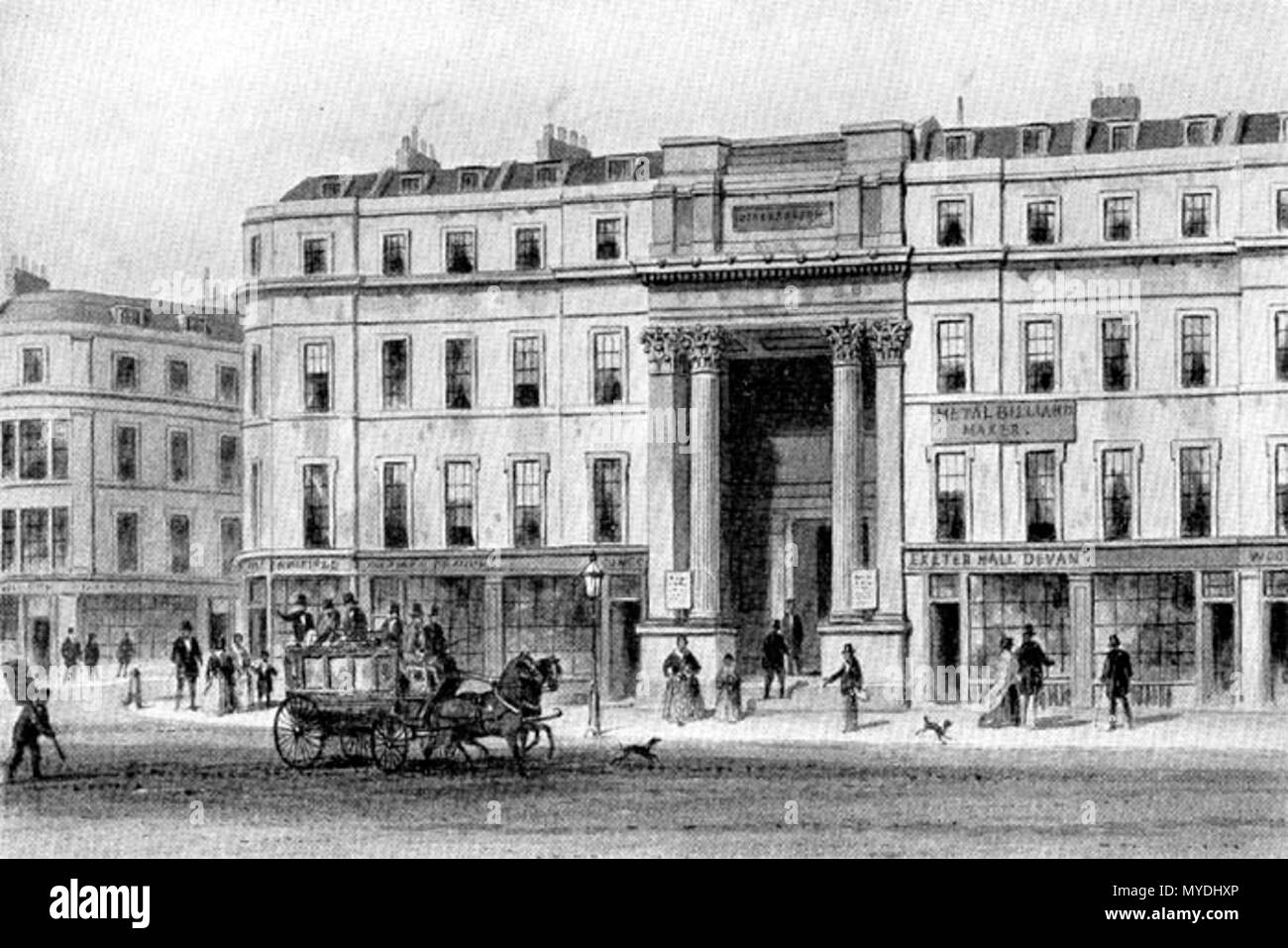 . English: Exterior of Exeter Hall. 1905. Postcard engraving 173 Exeter ...