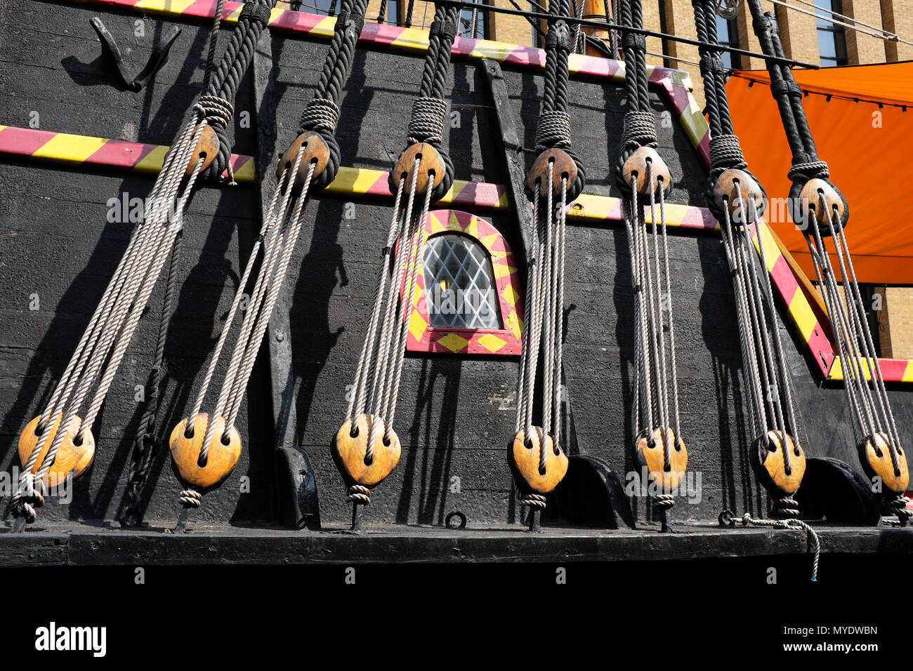 Golden Hinde Ship rope rigging, Southwark, London, England, UK Stock ...
