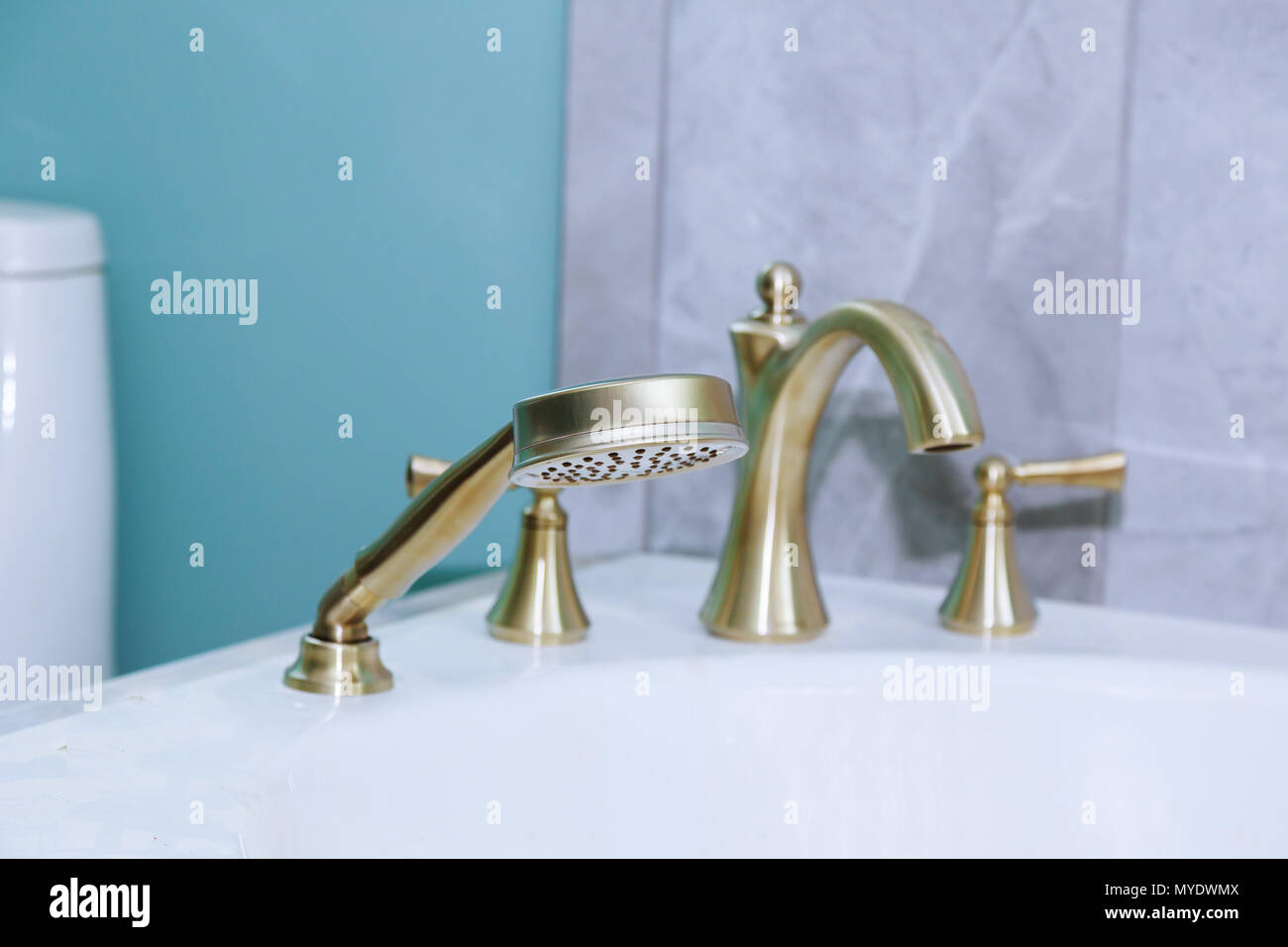 The Bathroom interior of a simple with bath white and faucet Stock ...