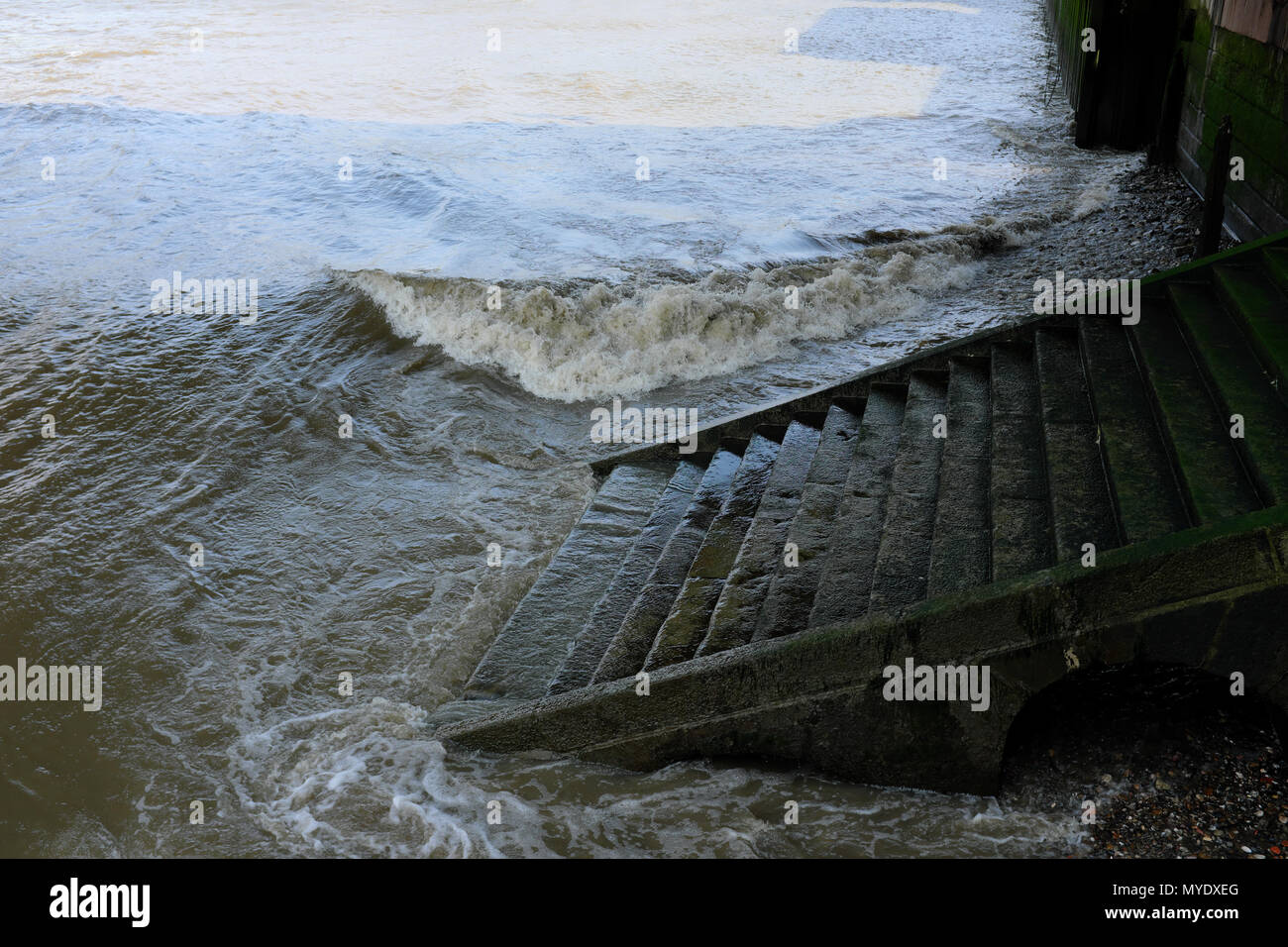 Tide Coming in on steps, River Thames, Southwark, London, England, UK ...