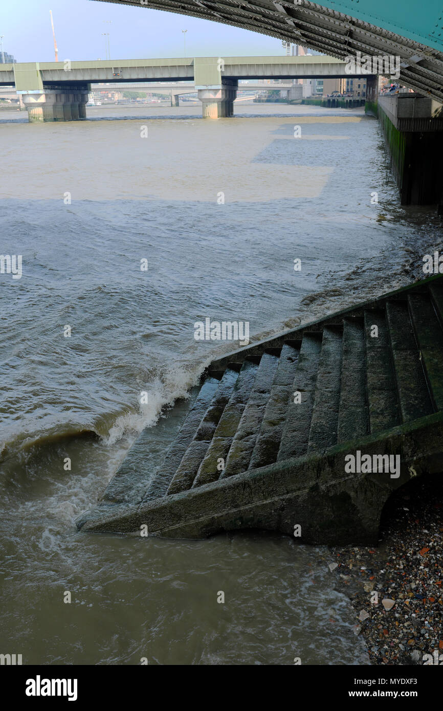 Tide Coming in on steps, River Thames, Southwark, London, England, UK ...