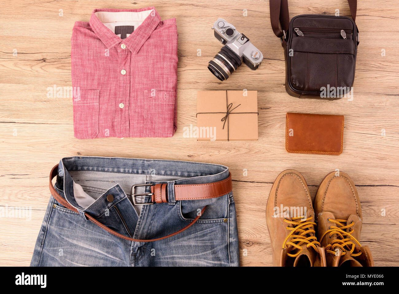 Top view Men's fashion on wooden table Stock Photo - Alamy