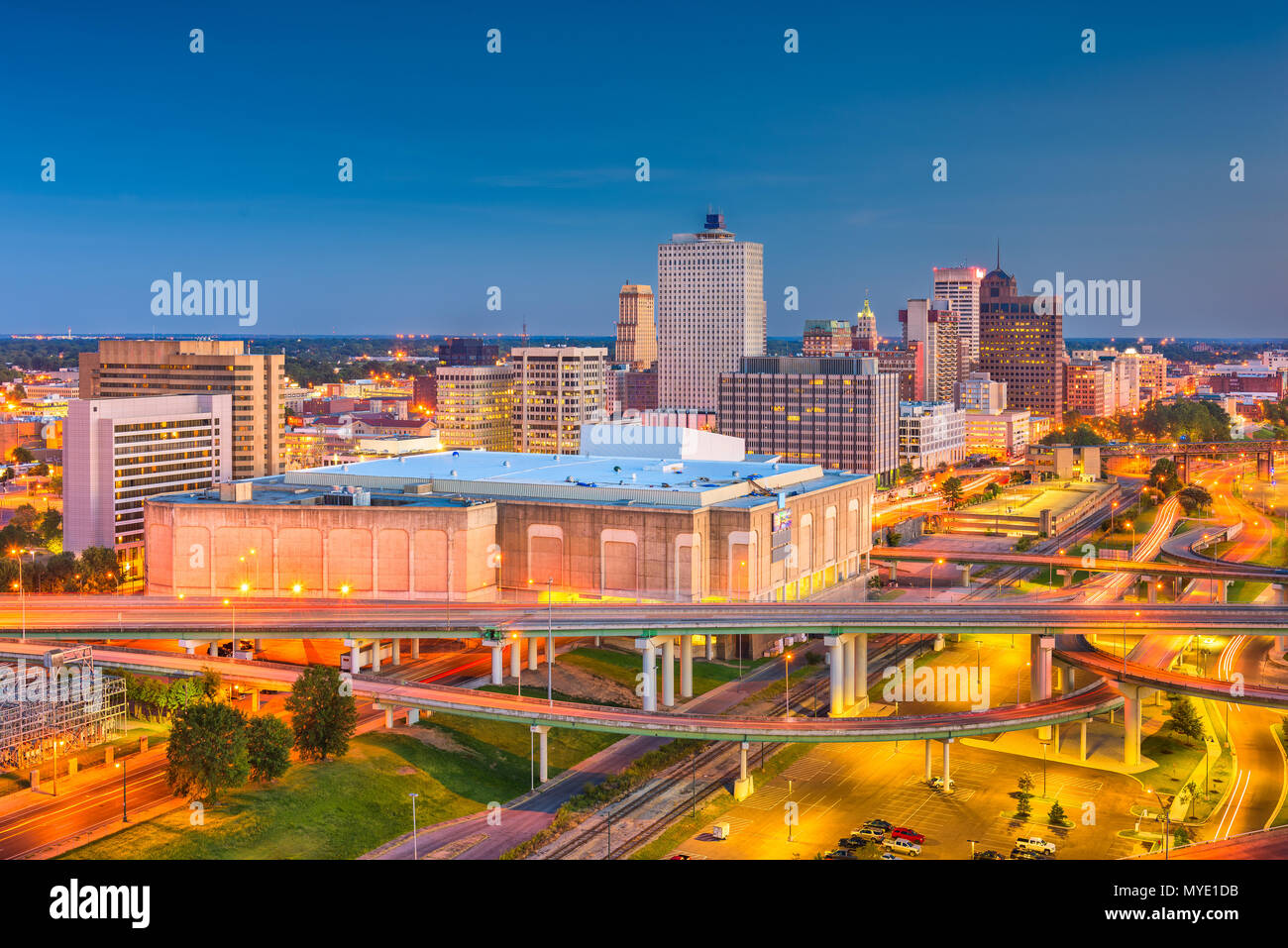 Memphis, Tennessee, USA downtown city skyline over highways at dusk ...