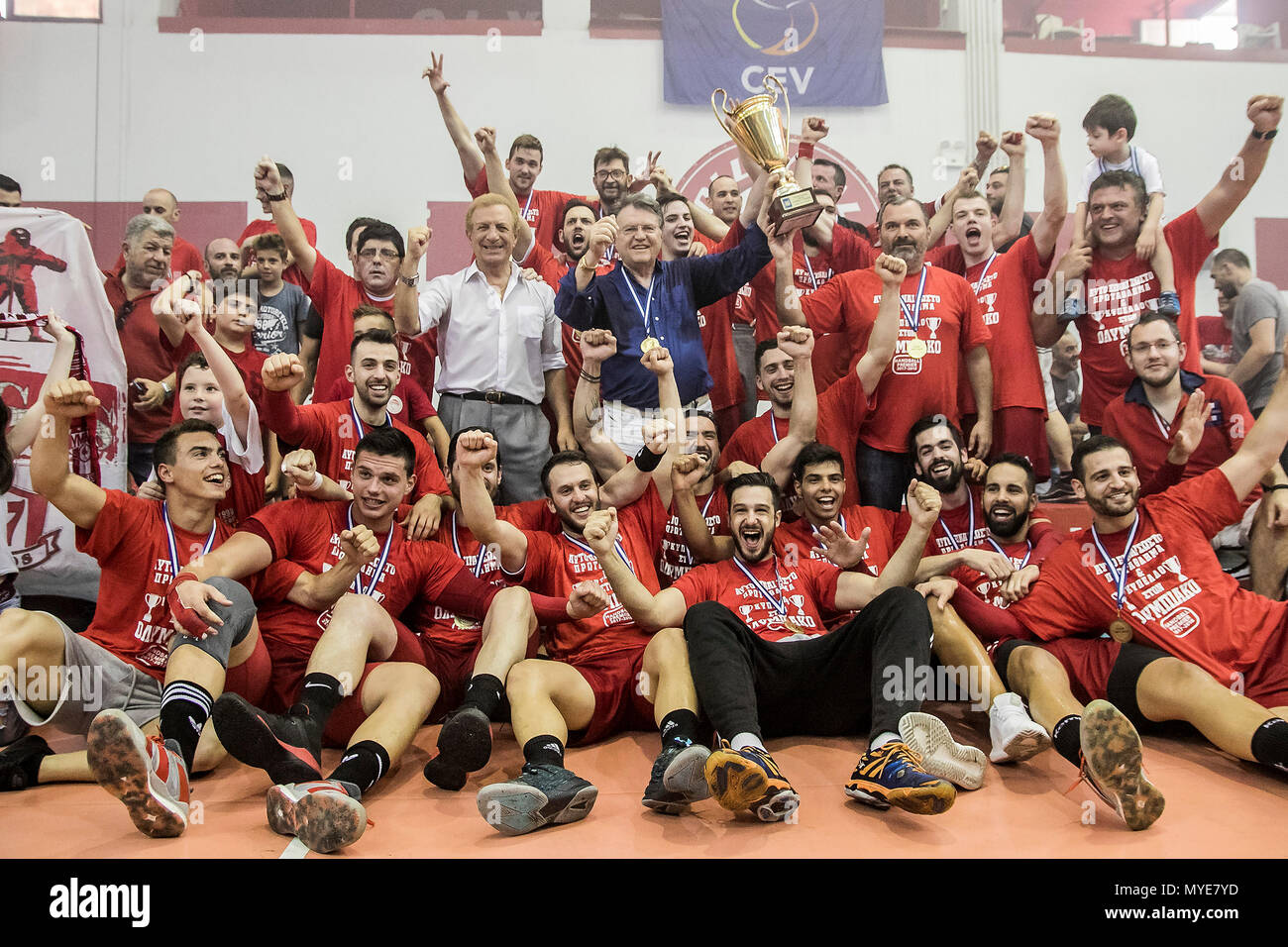 Athens, Greece. 6th June, 2018. Olympiacos' players celebrate with the ...