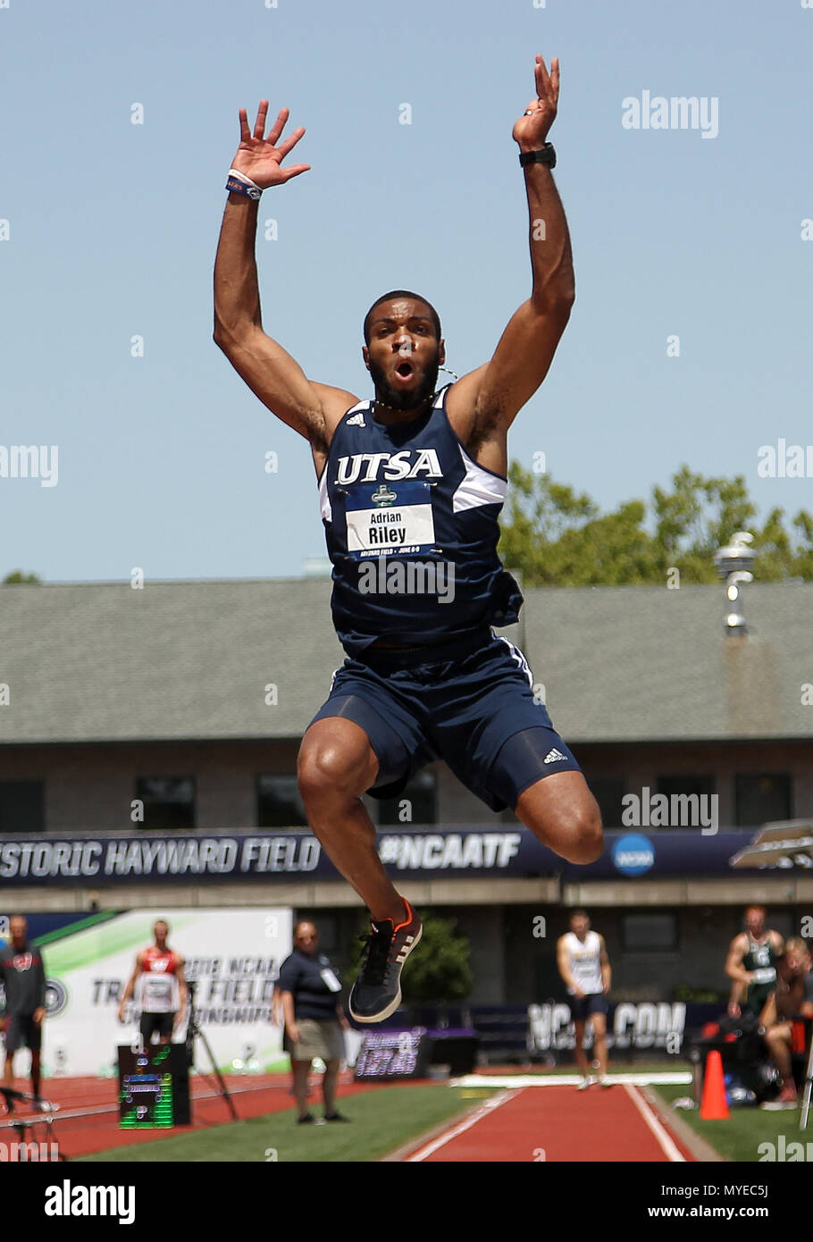 June 6, 2018. Adrian Riley of UTSA competes in the Long Jump portion of ...