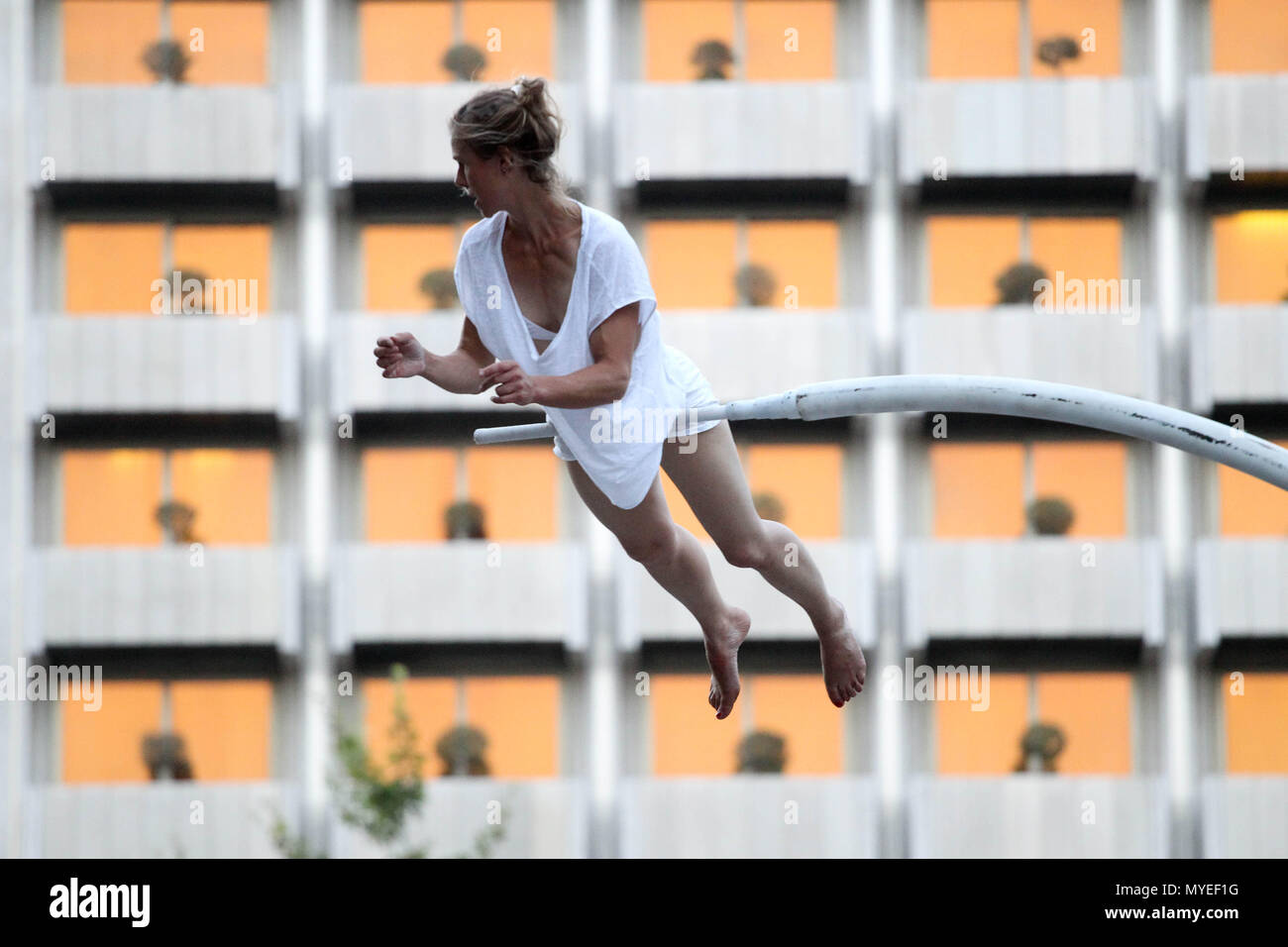 Athens, Greece. 7th June, 2018. French performer CHLOE MOGLIA hanging ...