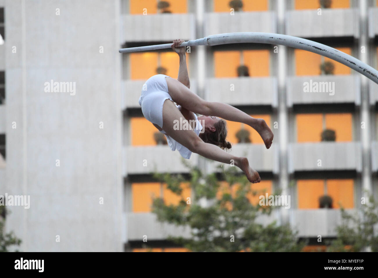 Athens, Greece. 7th June, 2018. French performer CHLOE MOGLIA hanging ...